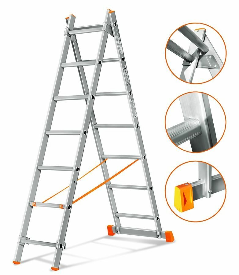 Двухсекционные Алюминиевые Лестницы Эйфель Гранит 2Х7, Длина 3.18 М, Нагрузка 150 Кг.