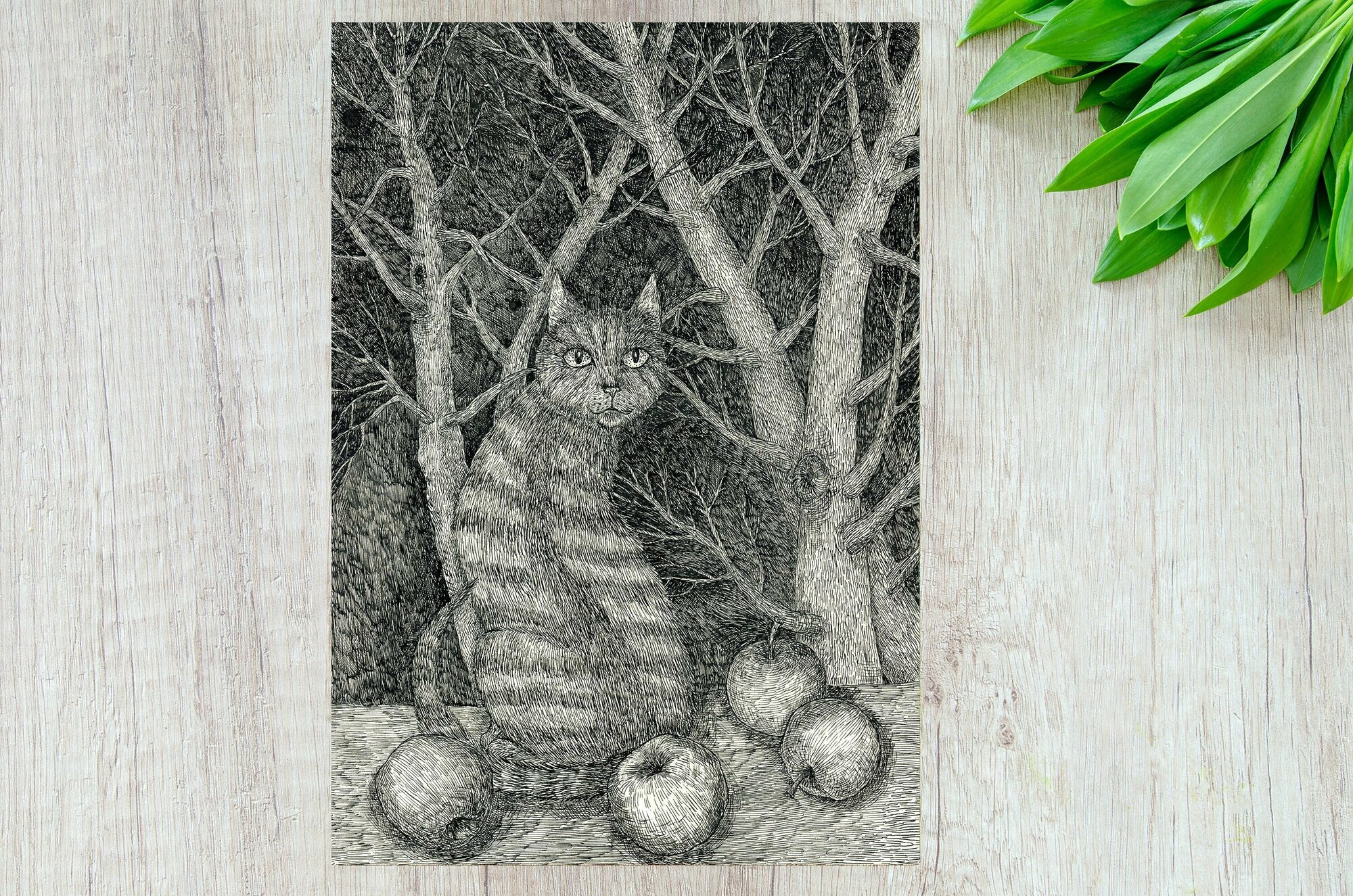 Открытка Кот и осенний лес Открытка с котом поздравительная с конвертом