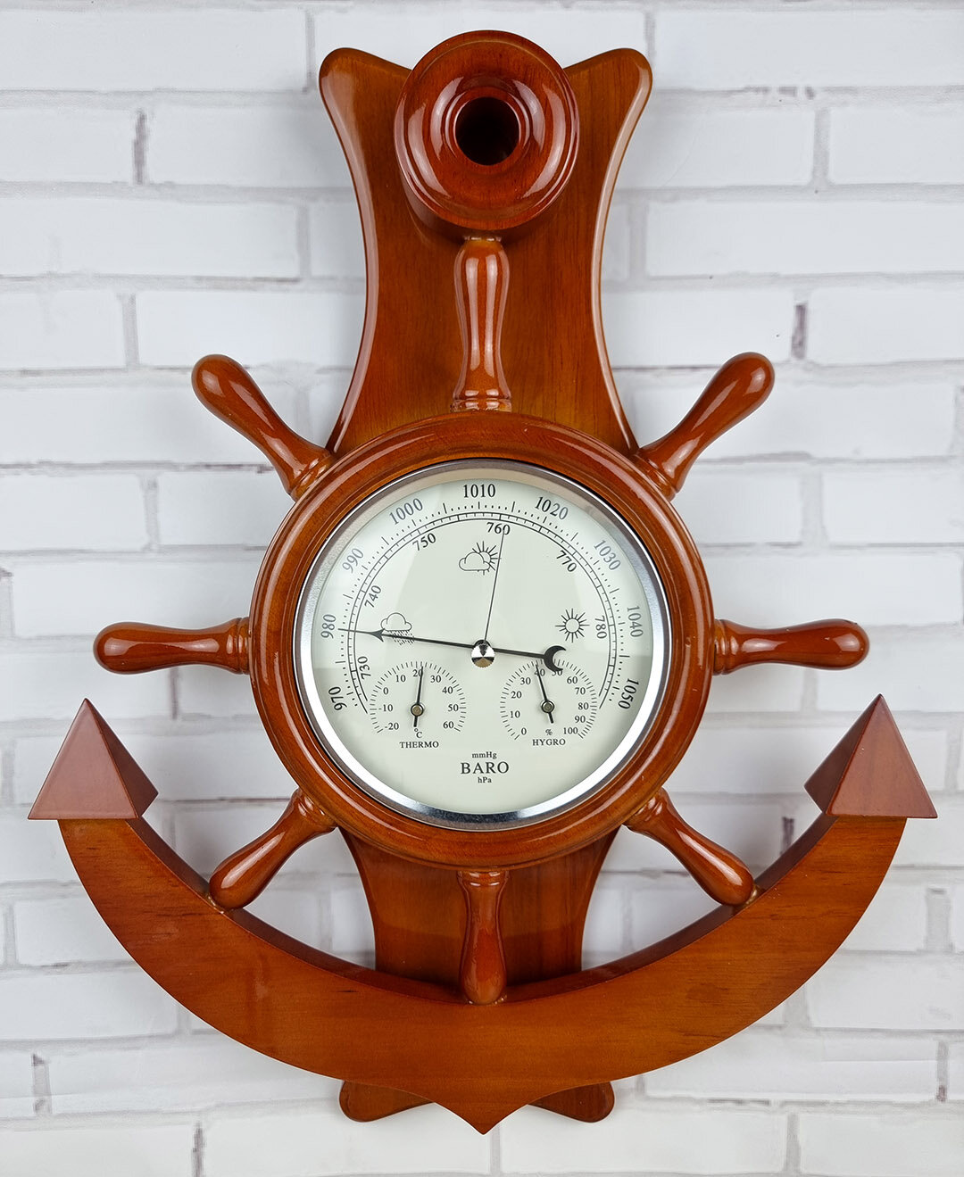 Метеостанция штурвал И якорь, натуральное дерево, 40х31х5см, Барометр, Гигрометр, Термометр