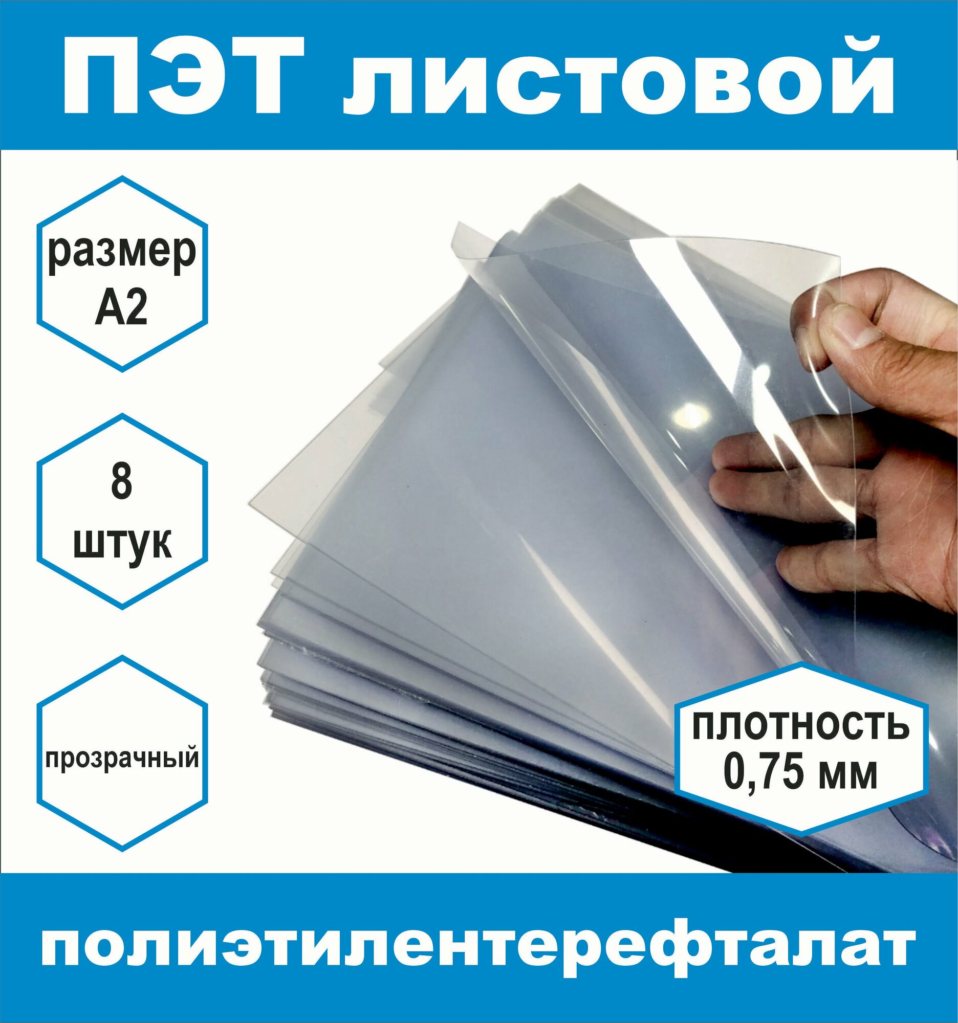 ПЭТ листовой прозрачный плотность 0,75 мм, размер А2, 8 шт