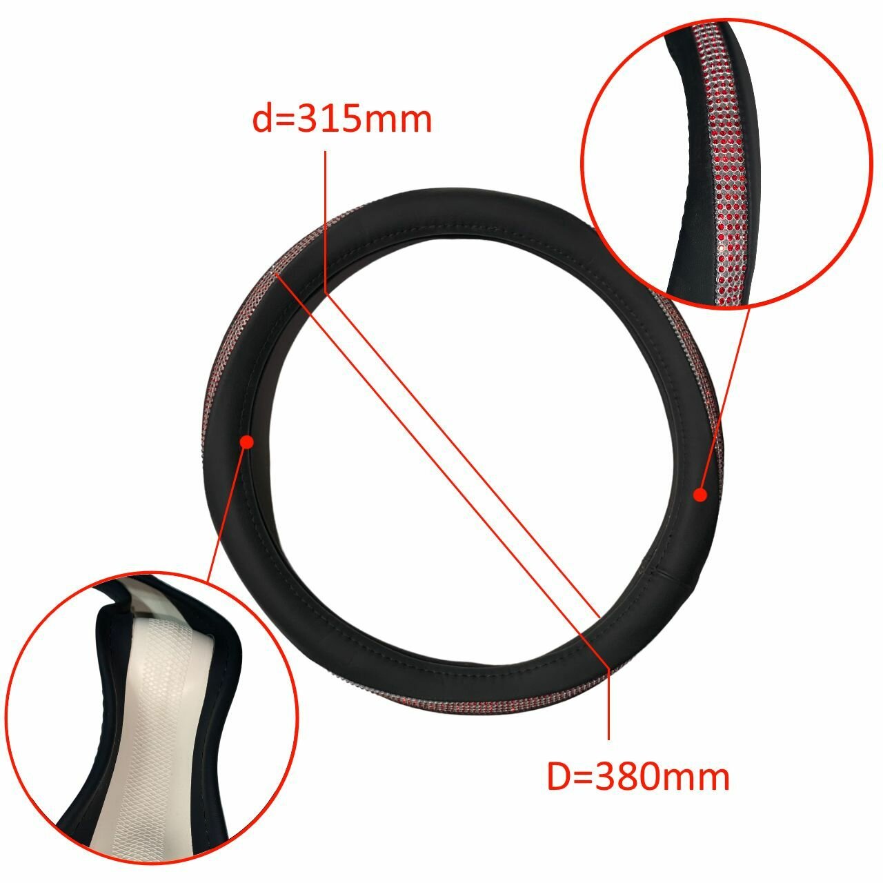 Оплетка на руль со стразами PILOT C1602BL 37-39см (черный/красный)