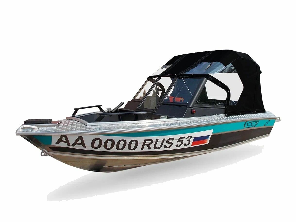 Вельбот 434НС / Wellboat 434NS. Тент с дугами с креплениями для стекла с калиткой