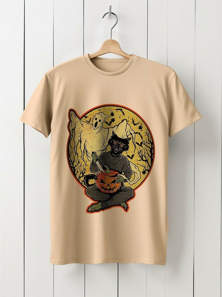 Футболка Футболка унисекс бежевая из хлопка с DTF принтом Хеллоуин кот и тыква (винтаж, осень, подарок, Helloween) - 9423