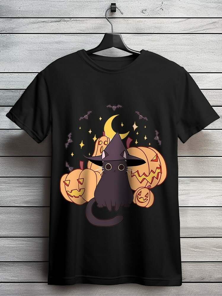 Футболка Футболка унисекс черная из хлопка с DTF принтом Хеллоуин Котик и тыквы (осень, подарок, Helloween) - 9461