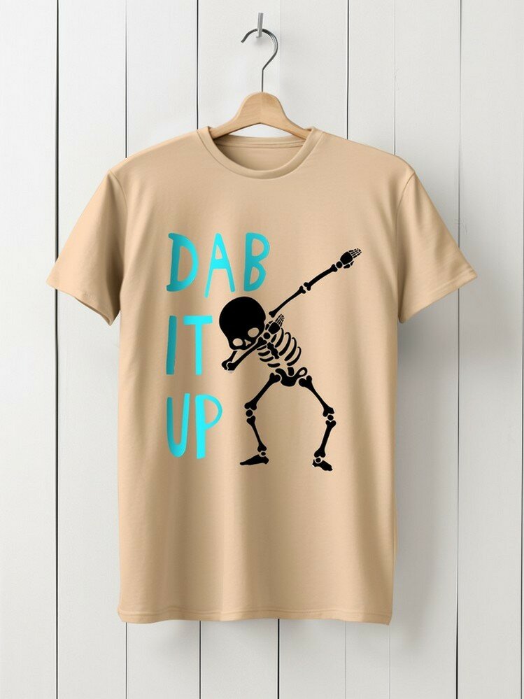 Футболка Футболка унисекс бежевая из хлопка с DTF принтом Хеллоуин танцующий скелет (дабстеп, осень, подарок, Helloween) - 9415