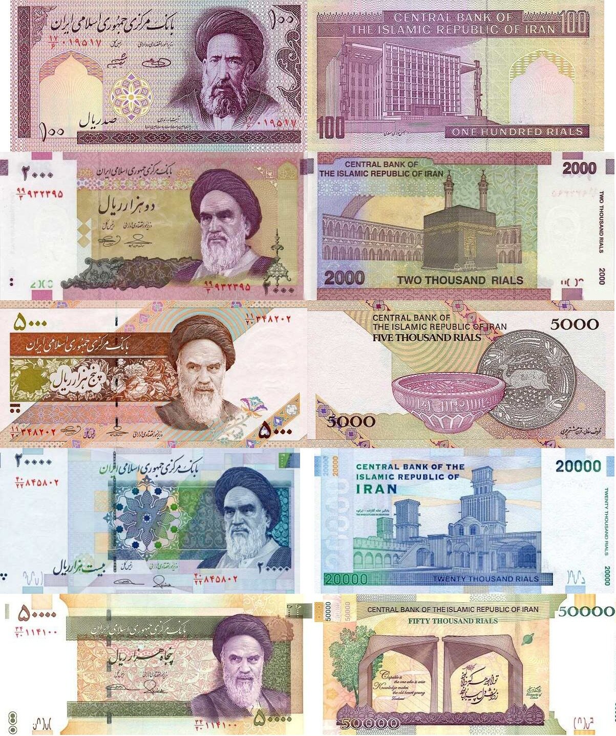 Комплект банкнот Ирана, состояние UNC (без обращения), 1982-2018 г. в.