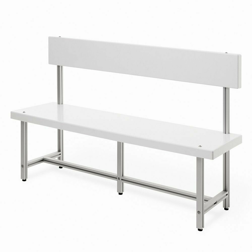 Скамейка со спинкой металлическая AquaLocker 139х39х88 см, из анодированного алюминиевого профиля и ПНД пластика толщиной 1 см.