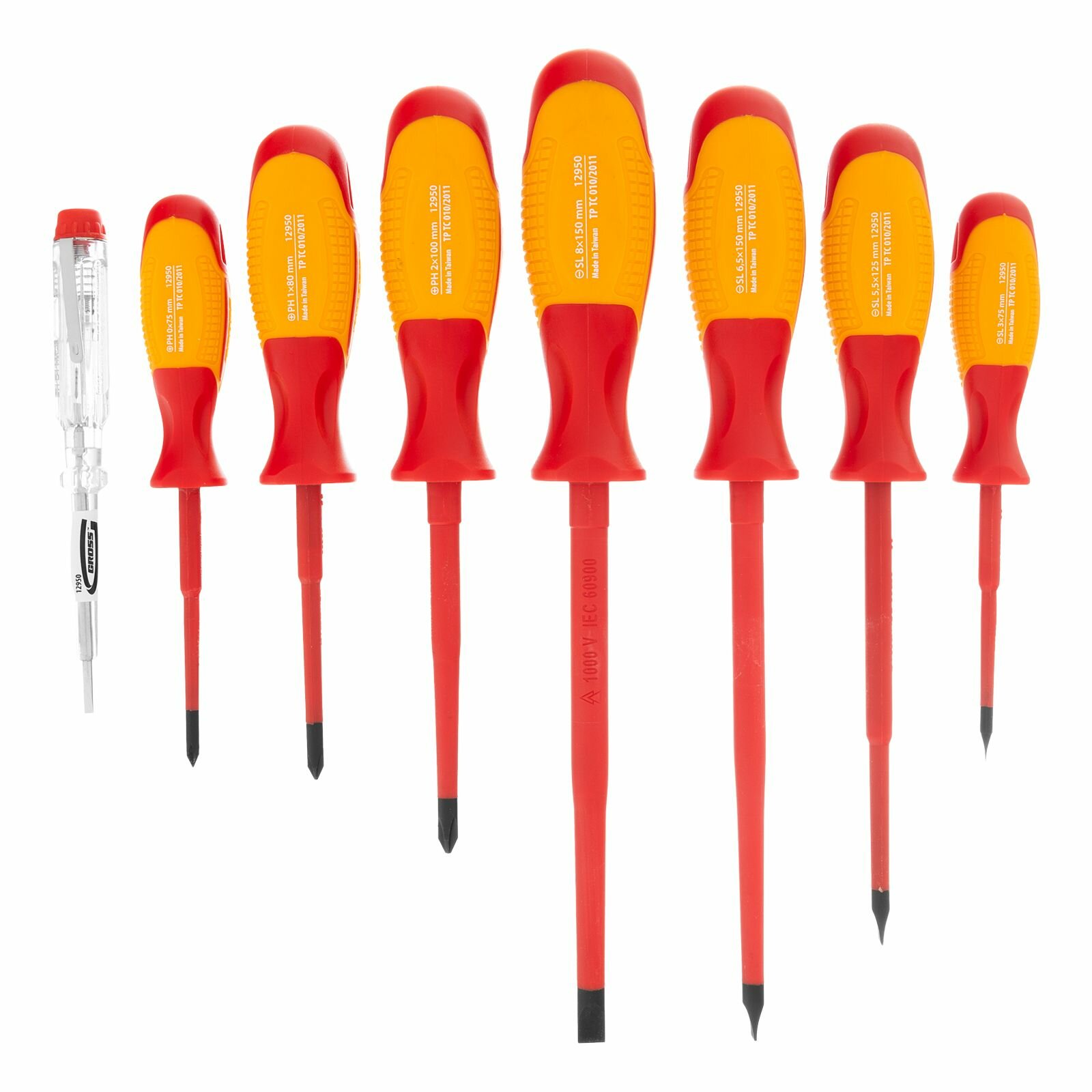 Набор отверток диэлектрических до 1000 В, 8 шт, тестер, CrMo, двухкомпонентные рукоятки Gross 12950
