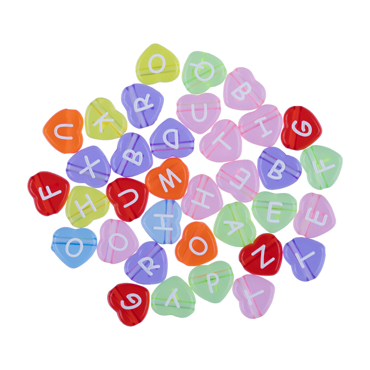 Бусины "Hobbius" пластик ABFG 4 х 12 мм 100 шт №01 прозрачные/цветные сердечки "английский алфавит"
