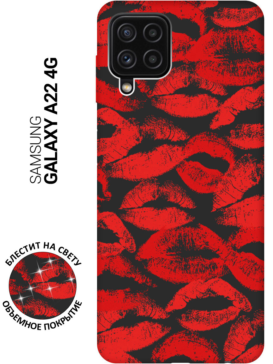 Матовый Soft Touch силиконовый чехол на Samsung Galaxy A22 / M32 / M22 / Самсунг А22 / М32 / М22 с 3D принтом "Kiss" черный