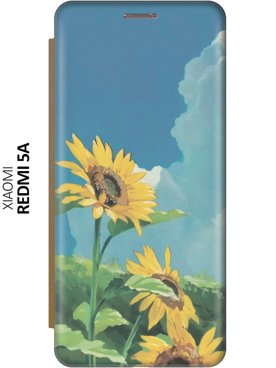 Чехол-книжка Три подсолнуха в поле на Xiaomi Redmi 5A / Сяоми Редми 5А золотой