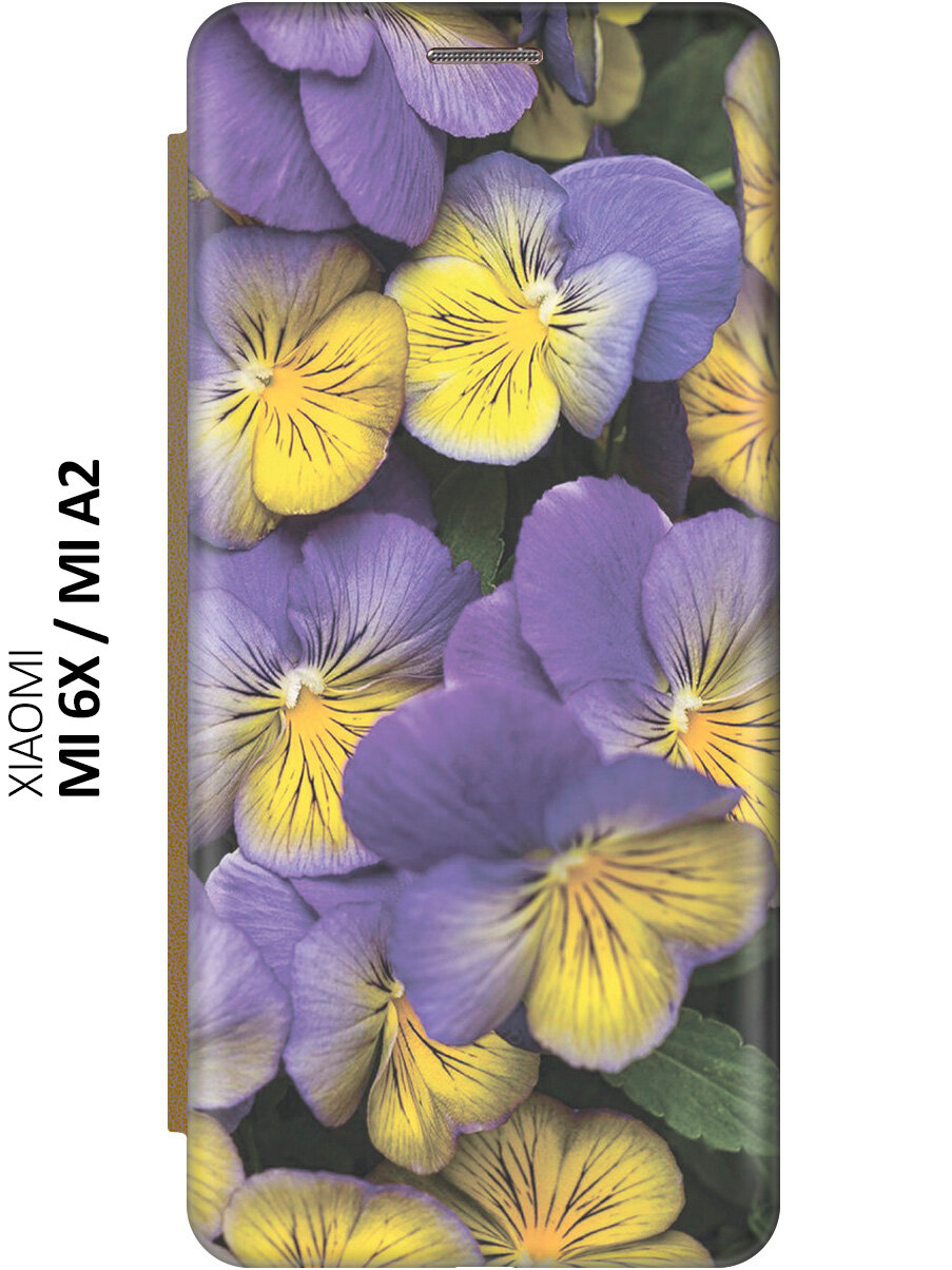 Чехол-книжка Фиолетовые и желтые фиалки на Xiaomi Mi 6X / Mi A2 / Сяоми Ми 6Х / Ми А2 золотой