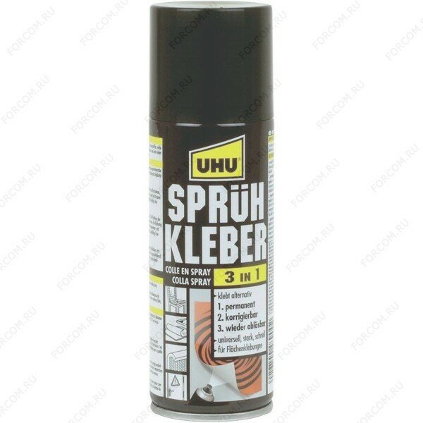 Клей-спрей UHU Sprueh Kleber 3 in 1, универсальный, 3 в 1 (одностороннее нанесение, контактный, неперманентный), 200 мл. (UHU 48900)
