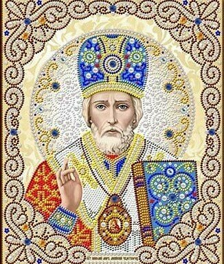 Ткань с рисунком для вышивания бисером Благовест ЖЛ-4703 Николай Чудотворец (в жемчуге и кристаллах), 20 х 25 см (Бисер в комплект не входит.)