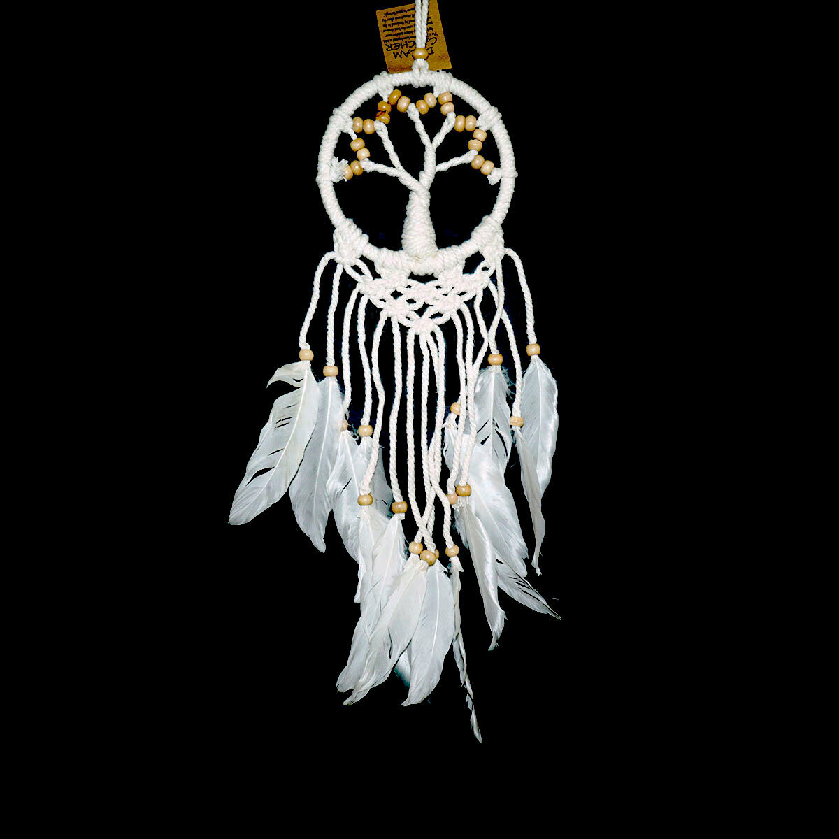 Ловец снов Макраме Дерево Жизни с Деревянными Бусинами и Перьями - символ карьерного роста и процветания (диаметр 11,5 см, длина 50 см.), 1 шт.