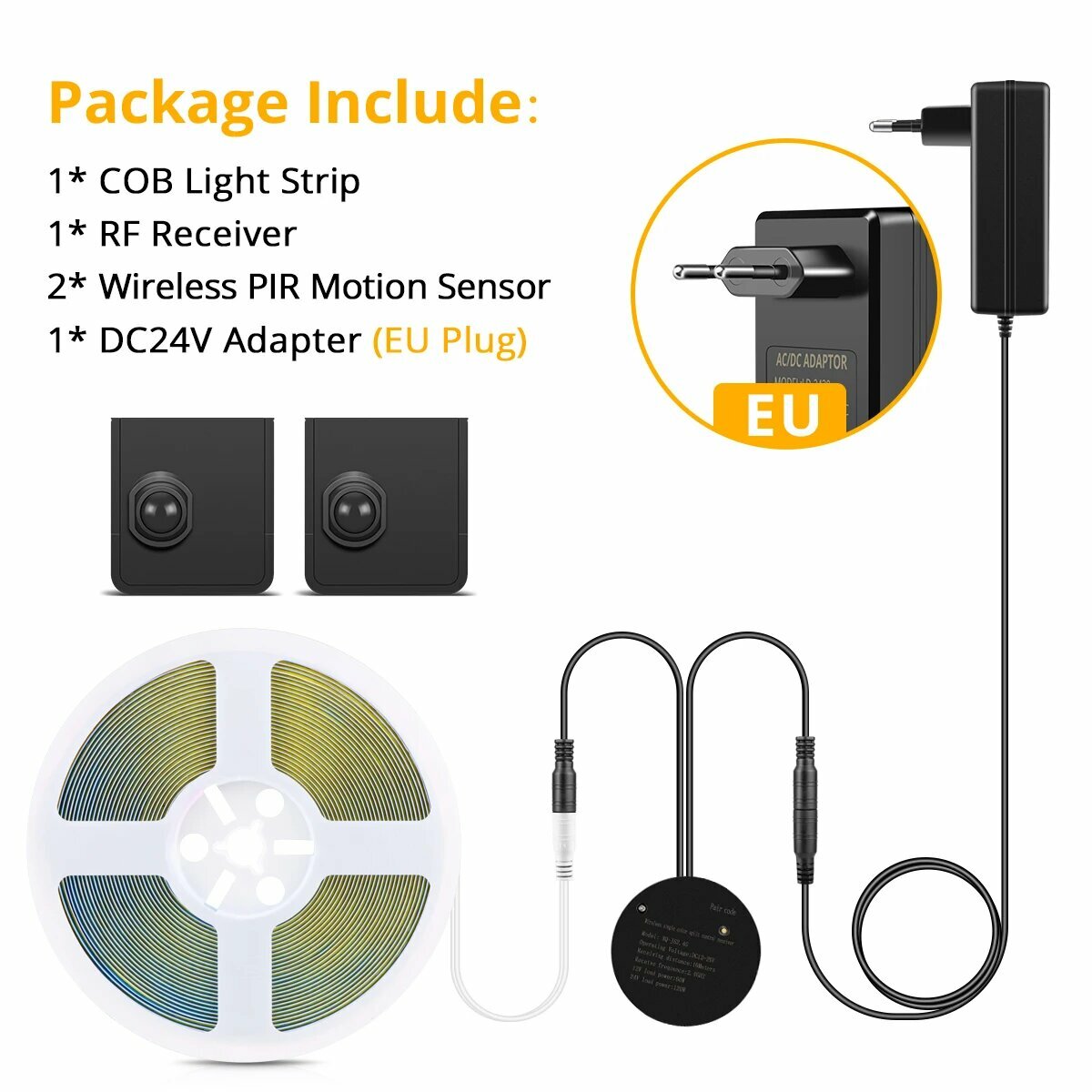 Lcamaw Светодиодная лента 24В с датчиком движения для дома EU Plug 2 Sensor, Warm White 3000K, 5m