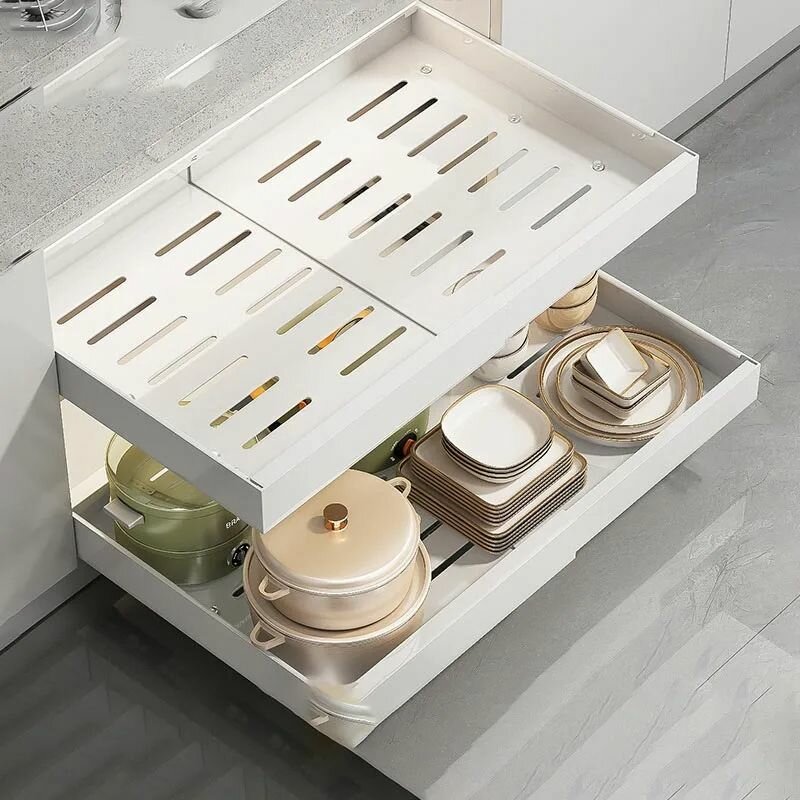 Выдвижная полка-органайзер для кухни с регулируемой шириной удобное хранение посуды, специй и банок, прочная конструкция, плавный механизм, компактный дизайн