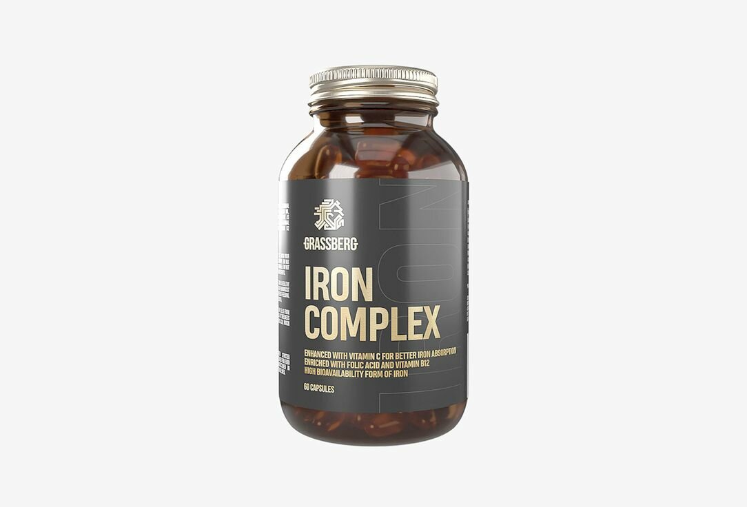 БАД для укрепления иммунитета GRASSBERG Бисглицинат железа 20 мг, Витамин С 60 мг, Фолиевая кислота 350 мкг в капсулах