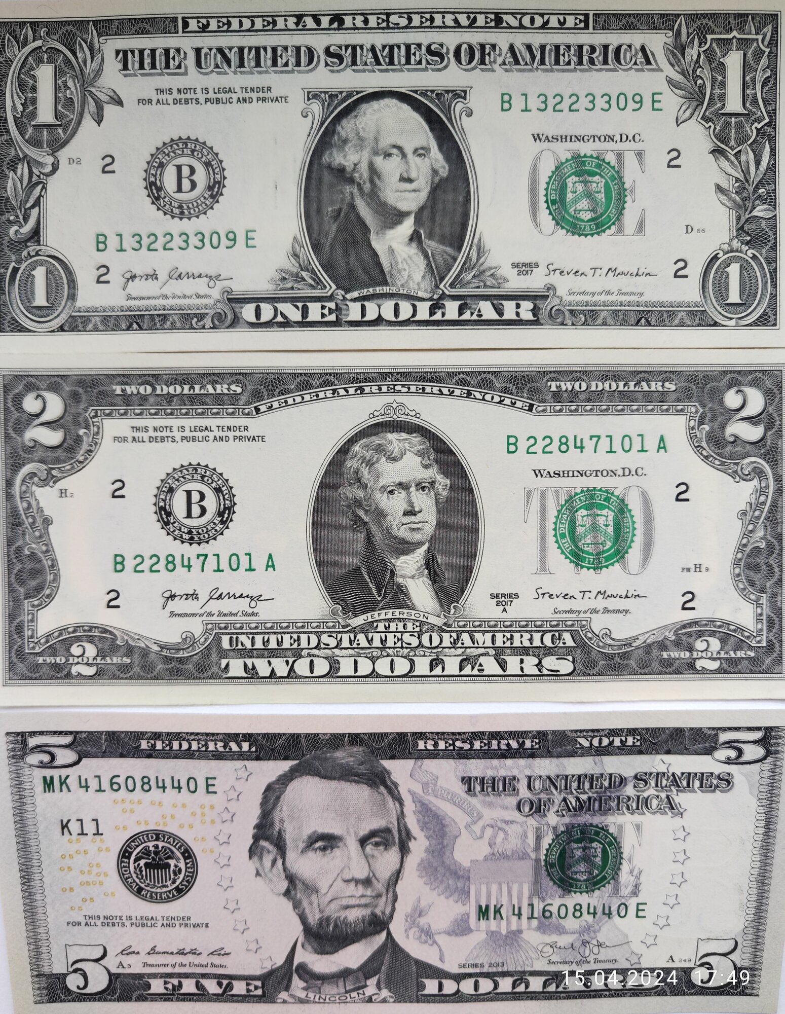 Набор банкнот 1, 2 и 5 доллара США 2003-2017гг. Без обращения. UNC
