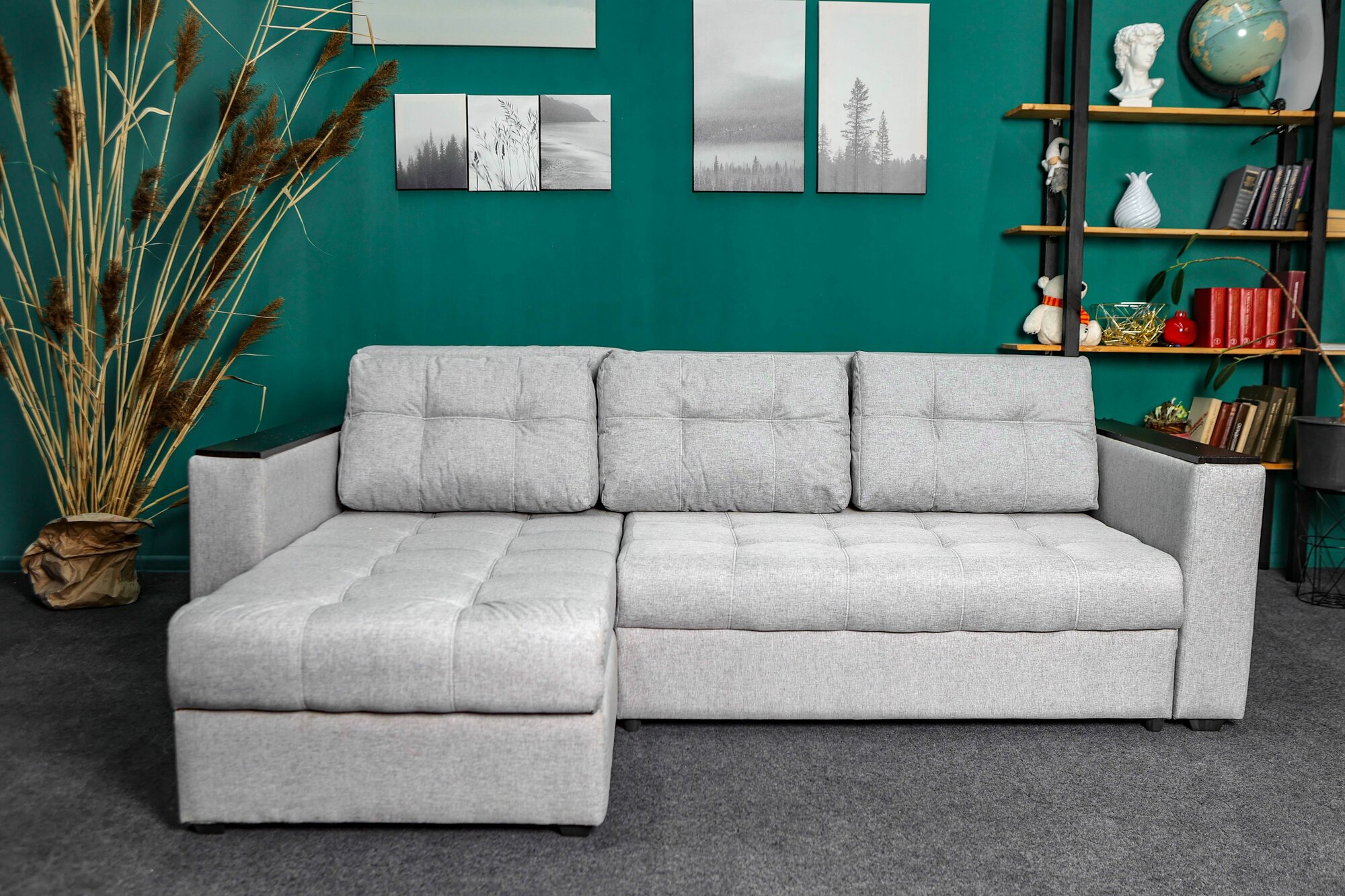 Диван угловой Атланта, еврокнижка, рогожка, серый, ширина 222х глубина 153х высота 92см