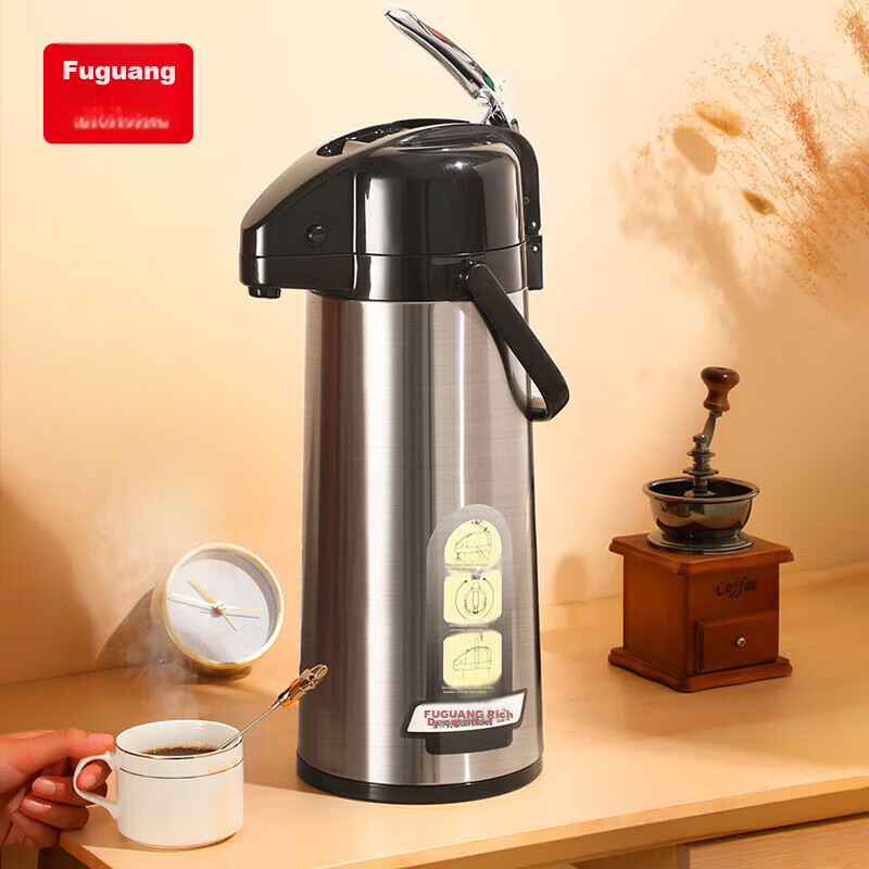 Помповый термос Fuguang, стеклянный внутренний вкладыш, 2,5 л, grey