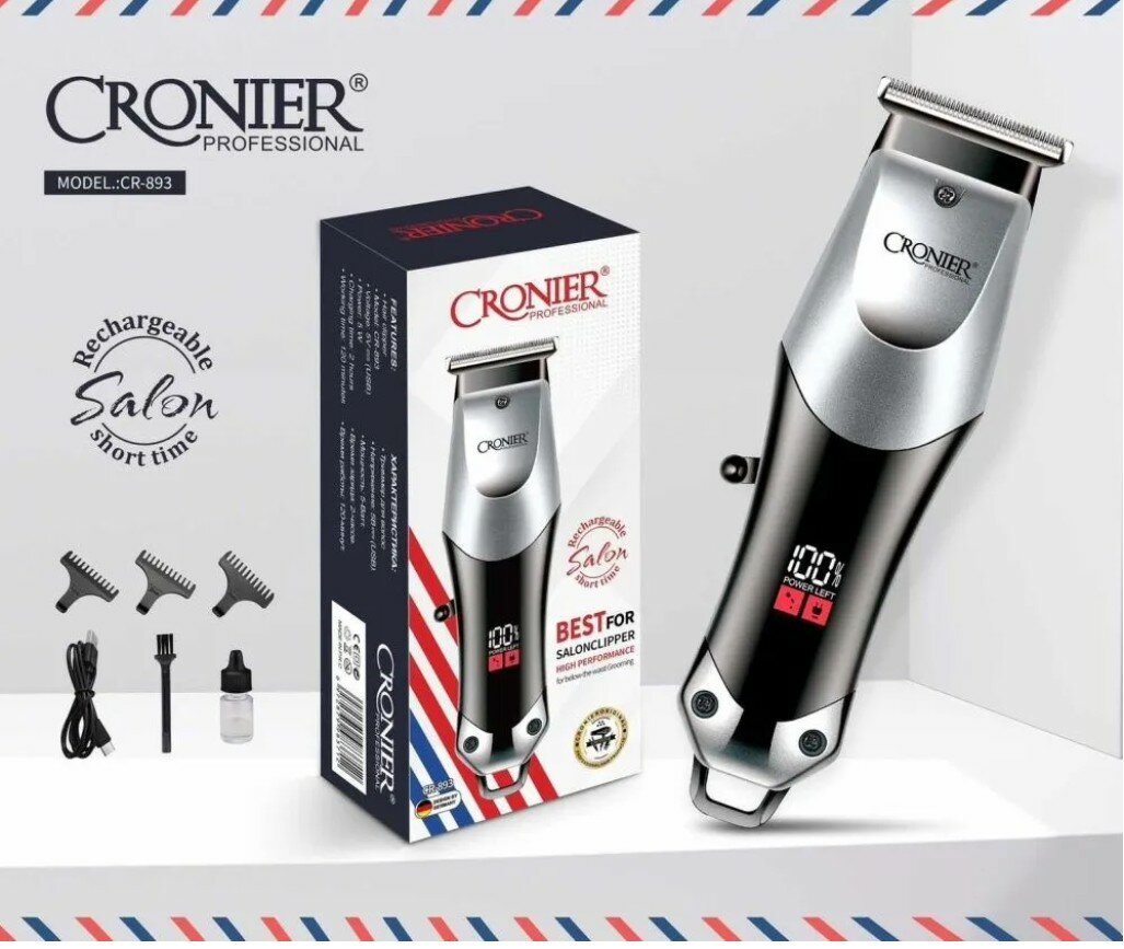 Машинка для стрижки Cronier CR-893, для бороды, волос, тела, 3 насадки