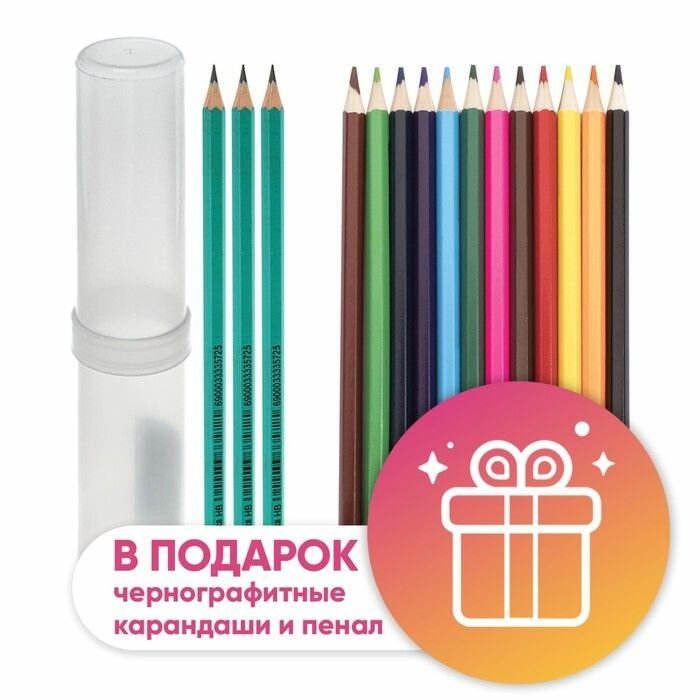 Карандаши цветные Calligrata 12 цветов, шестигранные, 3 карандаша с ластиком
