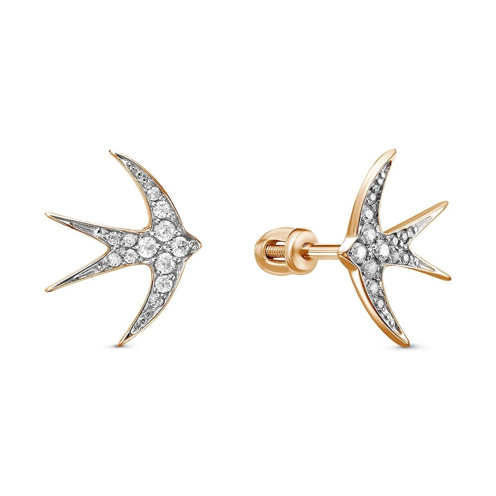 Серьги пусеты, красное золото, 585 проба, родирование, фианит