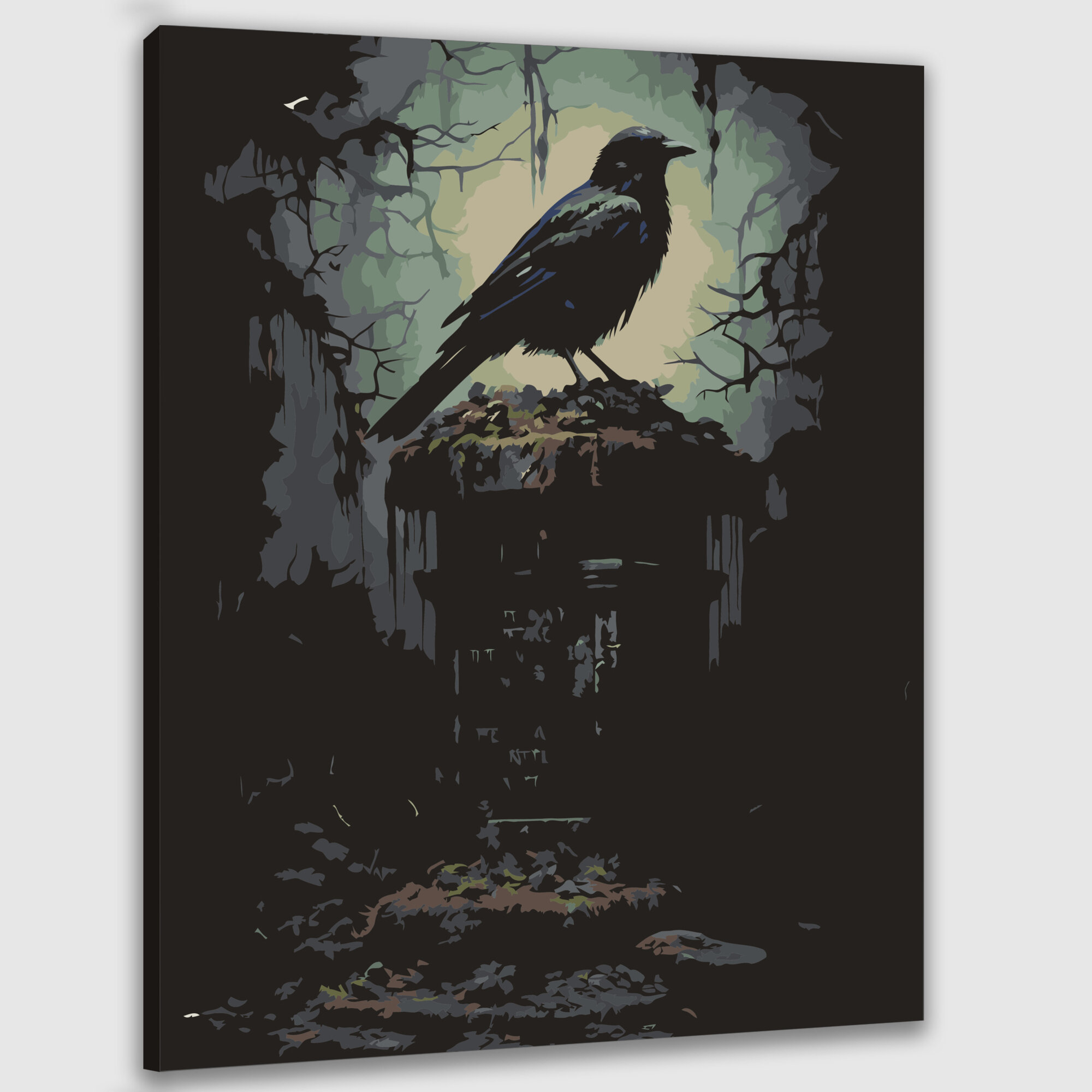 Картина по номерам 40x50 см, картина маслом, ворона, покрытое мхом надгробие, древнее кладбище, лунный свет, отблеск