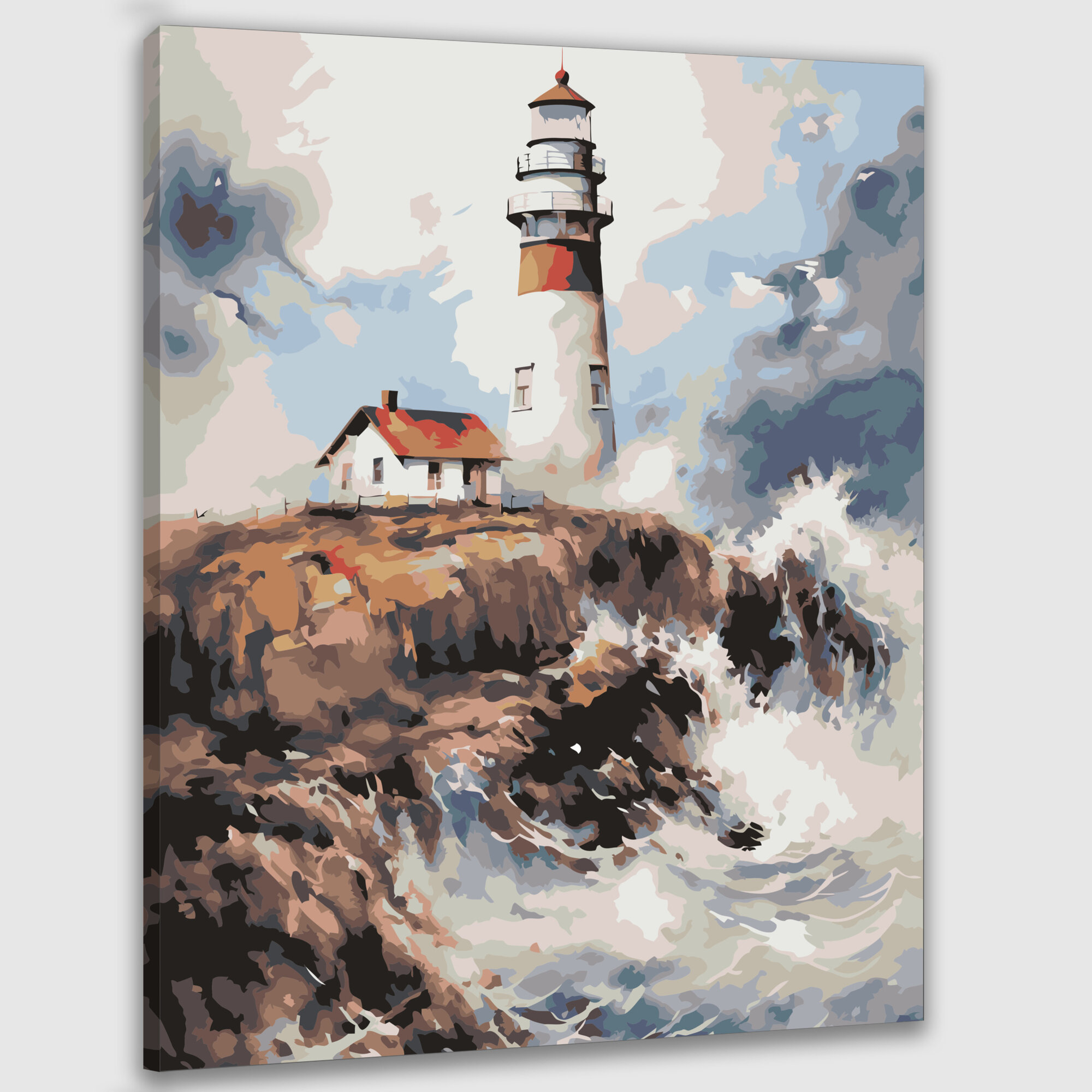 Картина по номерам 40x50 см, акварельная картина, маяк, скалистый утес, штормящее море, темные тучи, мощные волны