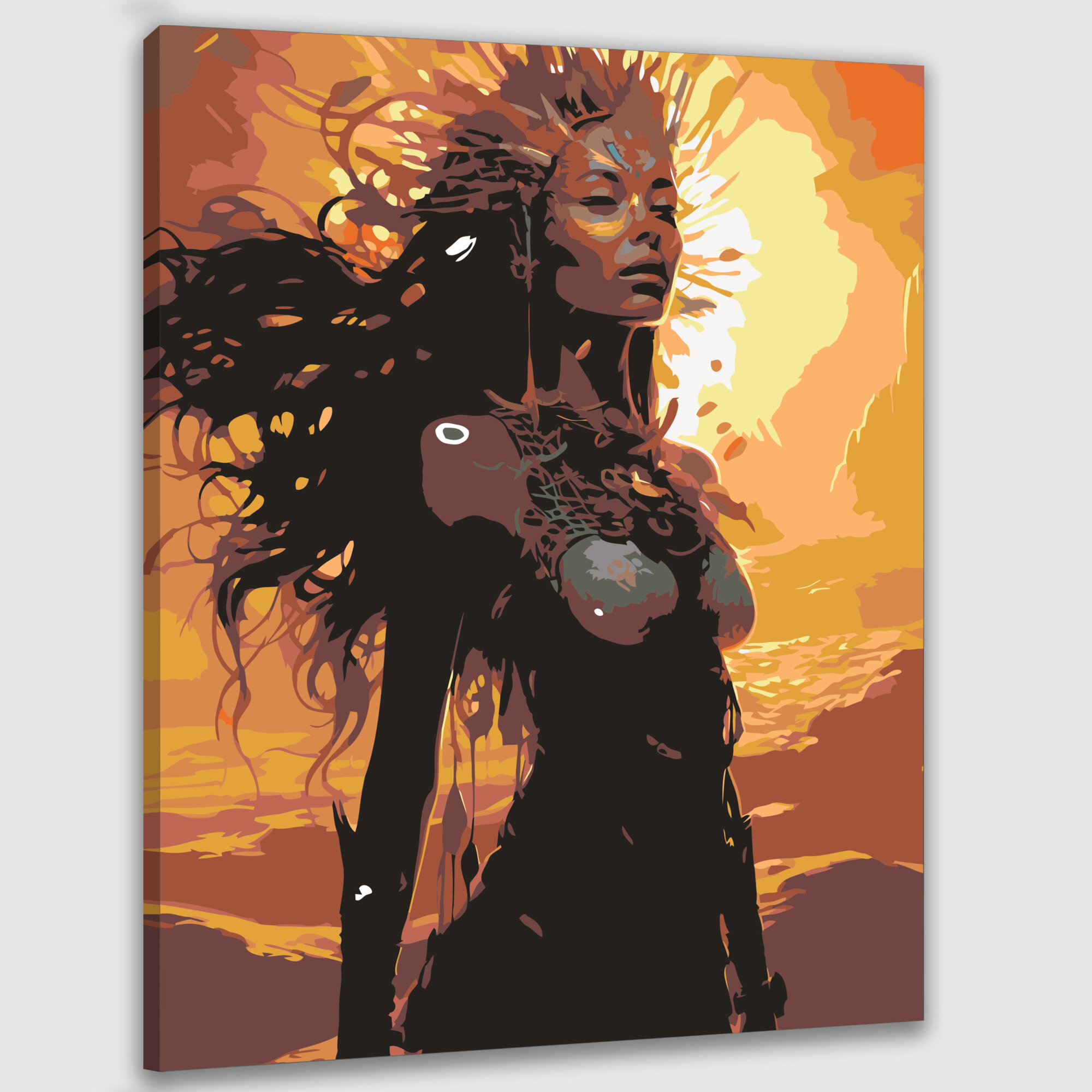 Картина по номерам 40x50 см, шаман, путешествие, пустыня, татуировки, перья, песчаные дюны, руины, солнечный свет