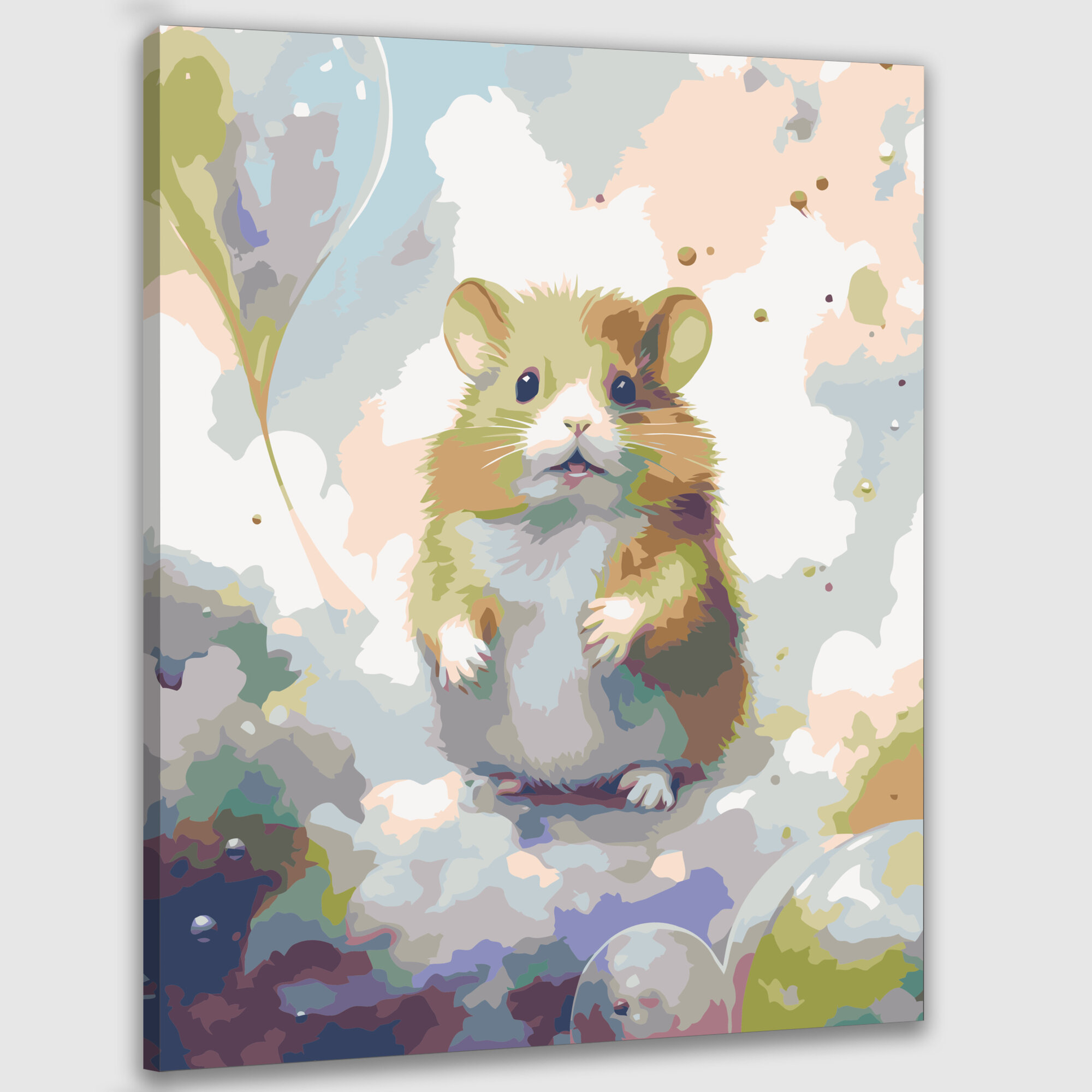 Картина по номерам 40x50 см, хомячок, акварельная иллюстрация, сказочный пейзаж, облака, радуги, пузыри, довольный