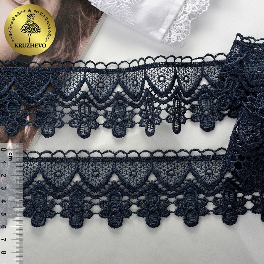 Кружево гипюр KRUZHEVO с цветами TBY.27294 шир.60мм цв.3026 т. синий уп.13.71м