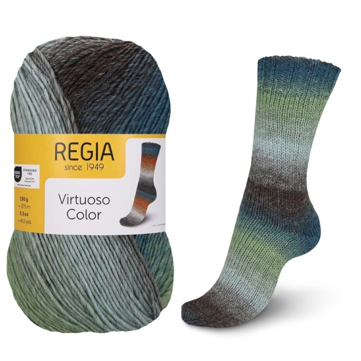 Virtuoso Color /Виртуозо Колор/ пряжа Regia, MEZ, 9801638 (03071, into the sea color (морская волна), голубой/зеленый/синий/серый, New!)