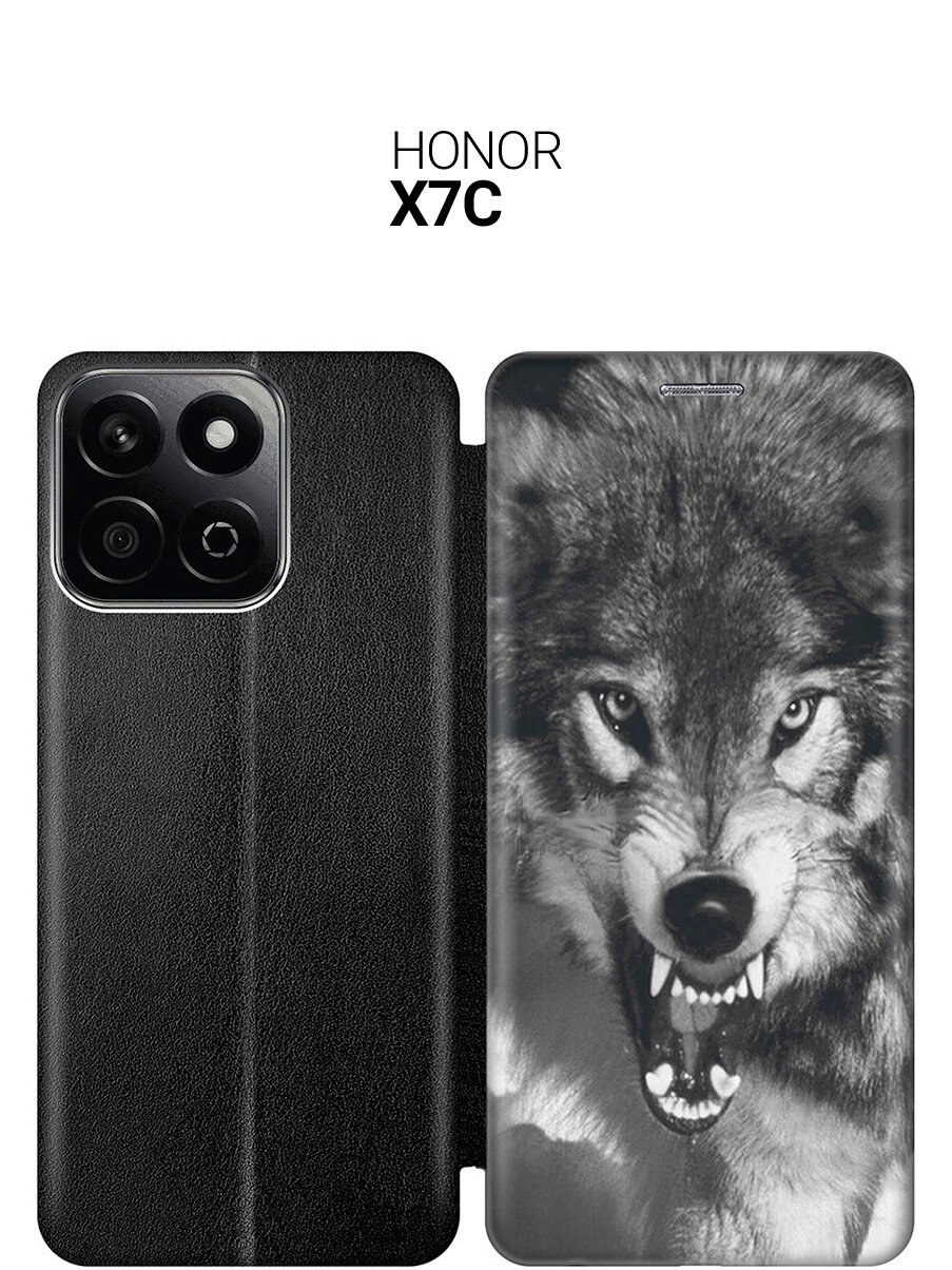 Чехол-книжка на Honor X7C с принтом "Волчий оскал" черный