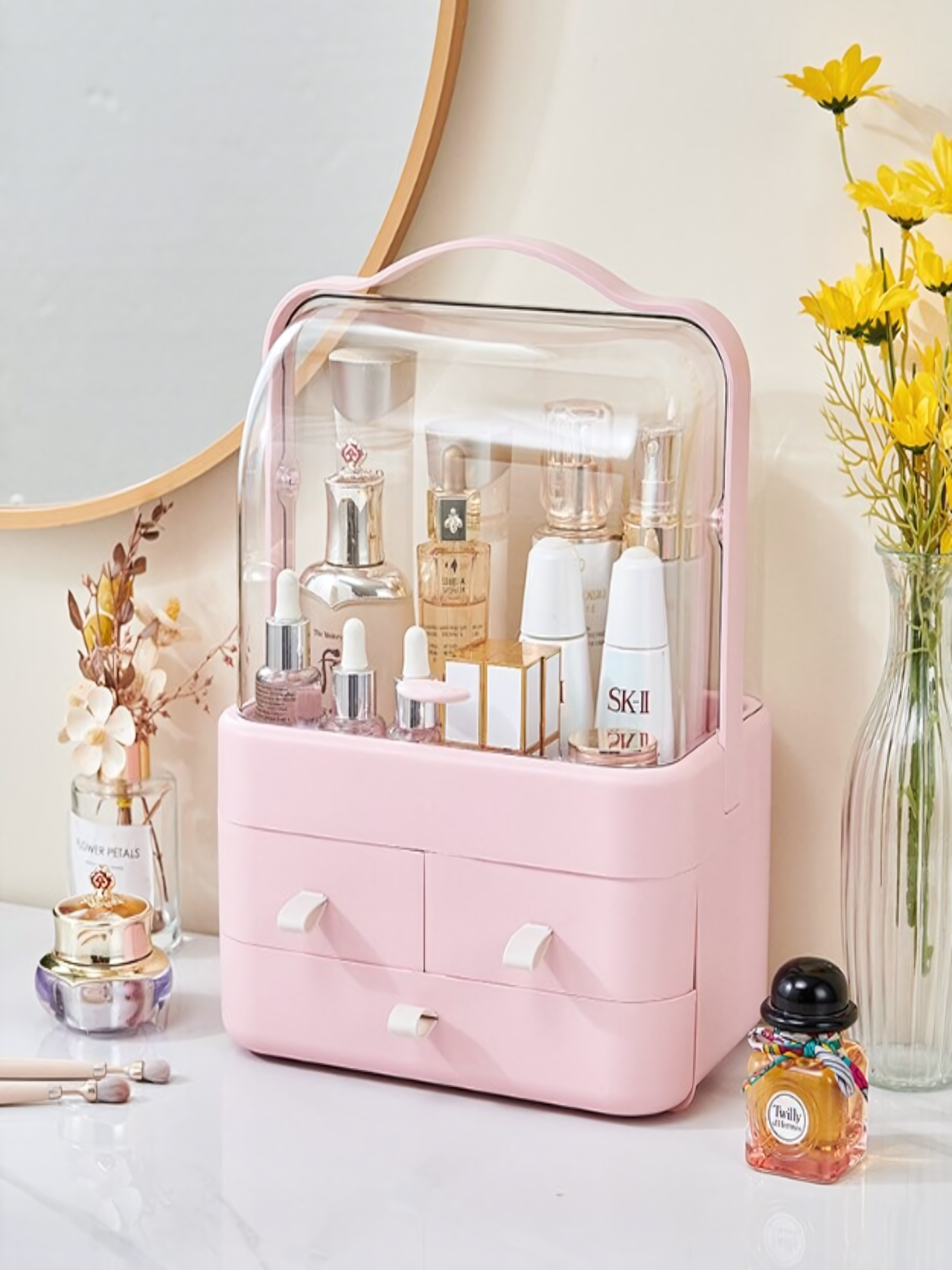 Органайзер настольный для хранения косметики, с ручкой, цвет розовый