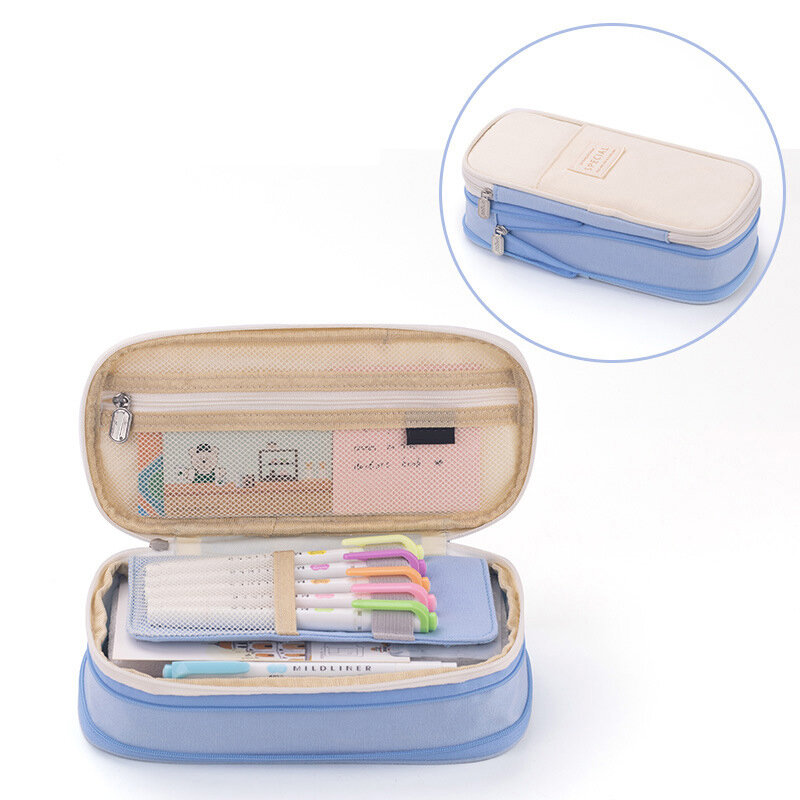 Пенал для карандашей большой вместимости, двухслойный, простой дизайн, застежка-молния, сумка для ручек, для студентов, светло-голубой.