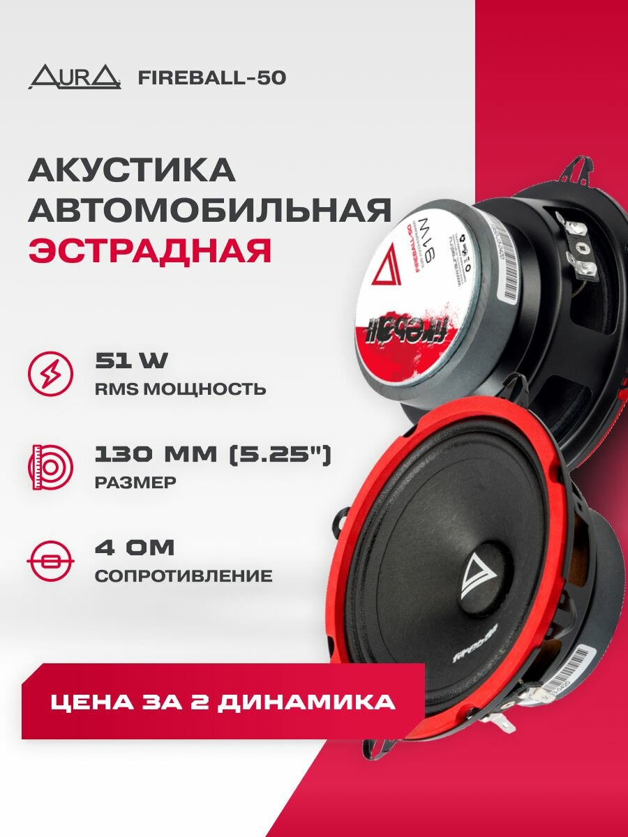 Динамики автомобильные 13 см AURA FIREBALL-50 51Вт 4Ом 2 колонки эстрадные в комплекте