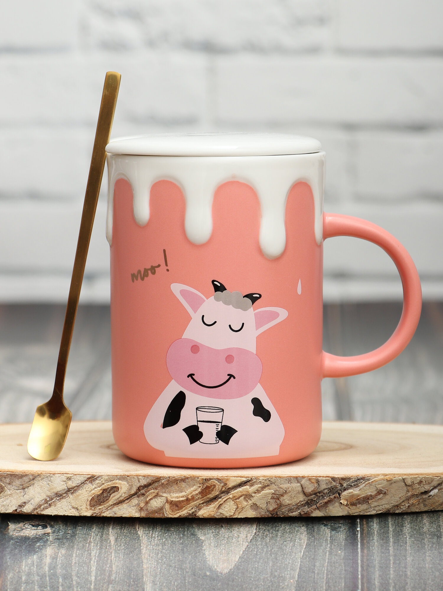 Кружка для чая "Корова Cow" красная 430 мл, Буренка, с крышкой и ложкой, детская, женская, подарочная