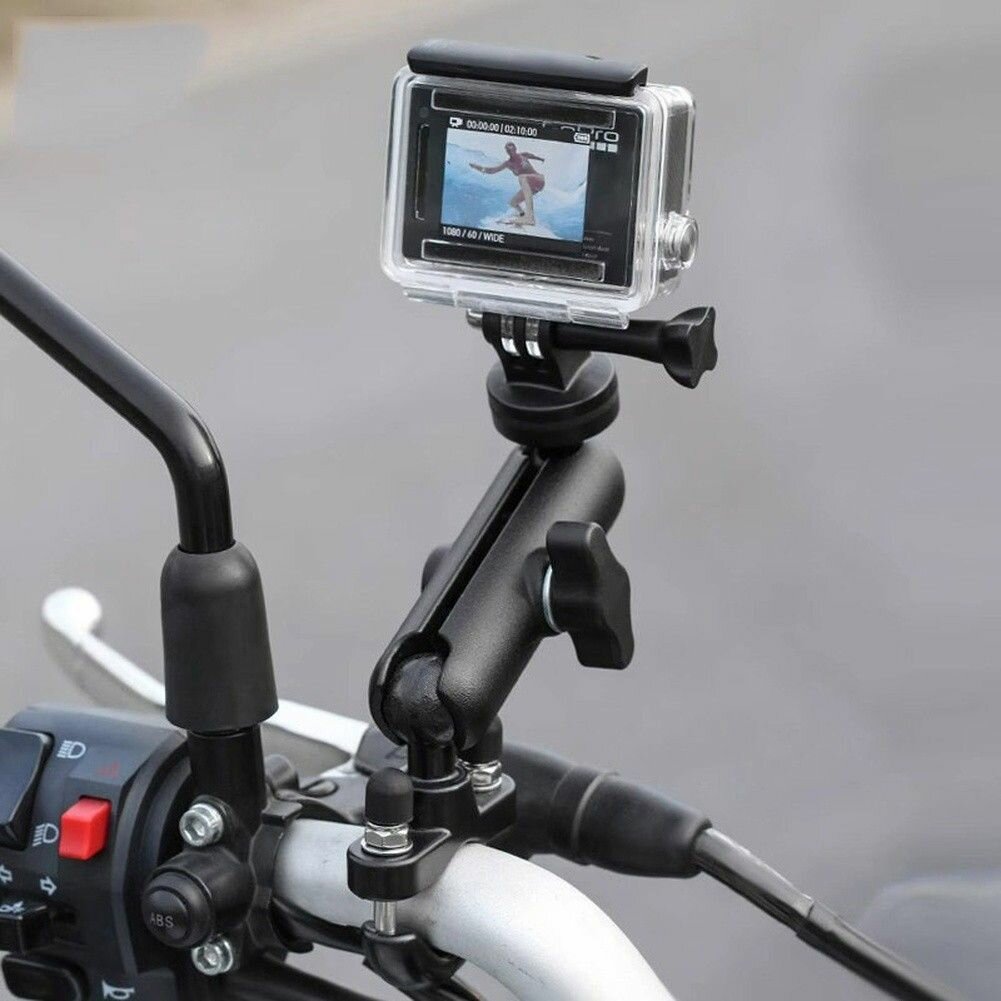 Держатель камеры мотоцикла из алюминиевого сплава 360° для экшн-камер с 1/4-дюйм креплением на зеркало и руль, чёрный