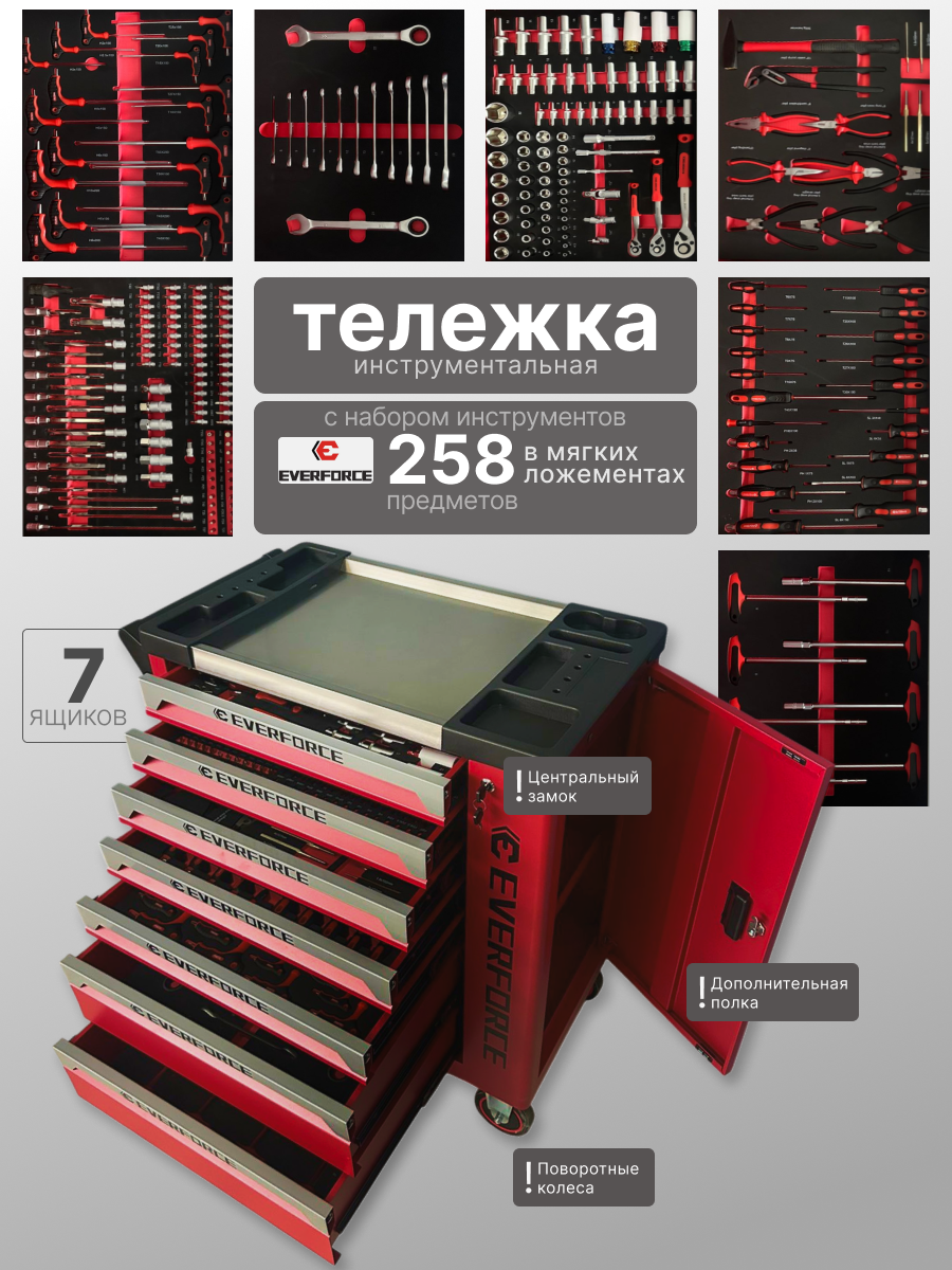 Тележка инструментальная Everforce с набором инструментов 258 предметов в Мягких ложементах