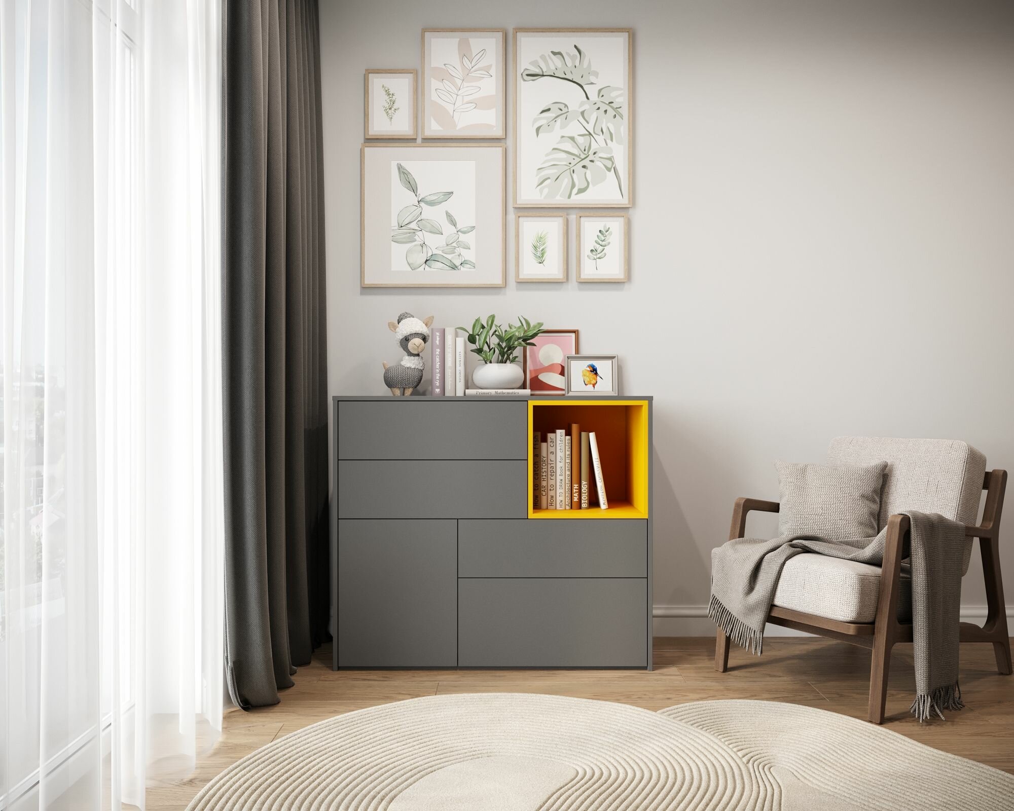 Комод с ящиками "Рокки 2" 110х95х45 Серый графит / Солнечный свет