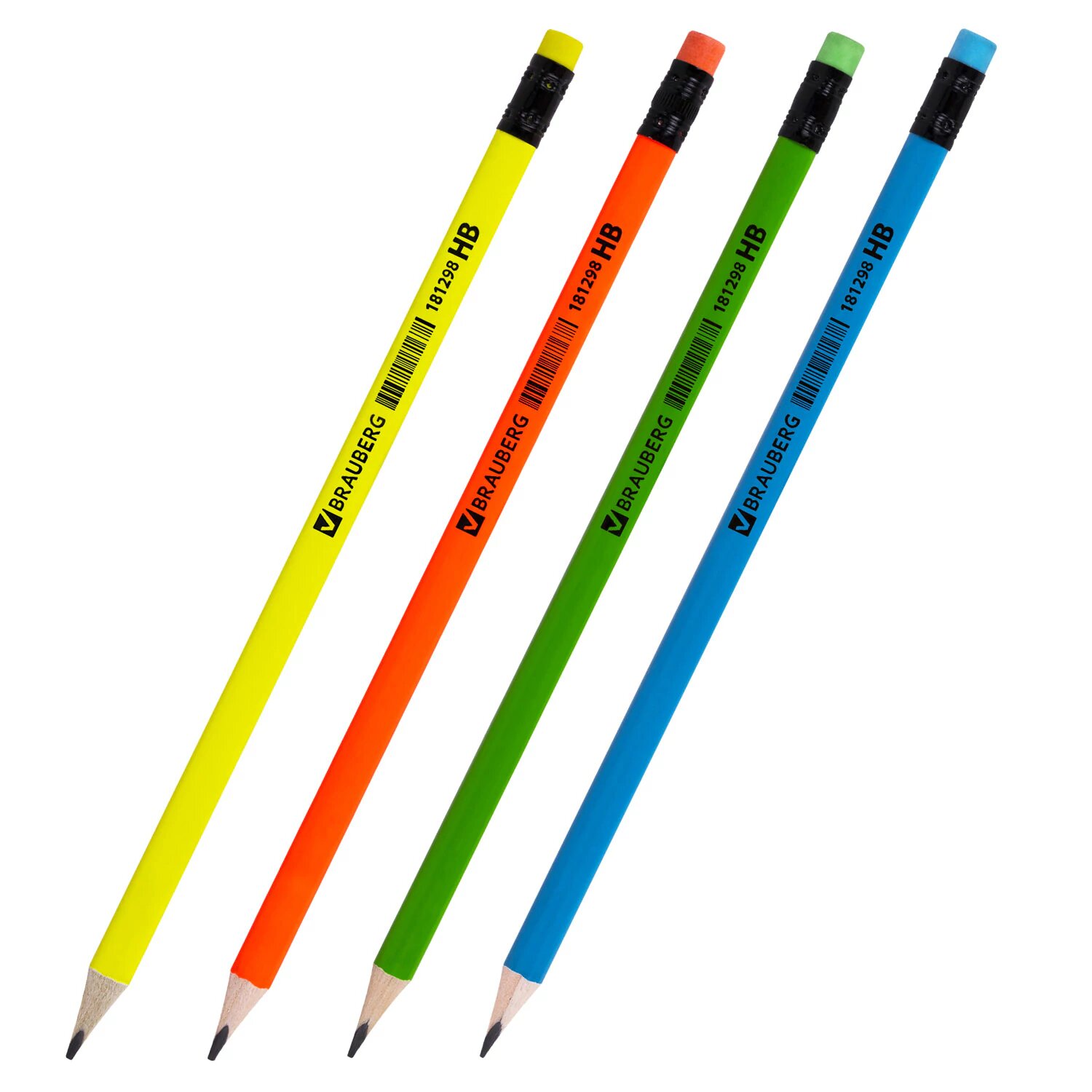 Карандаш чернографитный BRAUBERG, 1 шт, "Neon", HB, трехгранный, с ластиком, корпус неоновый ассорти, 181298, 12шт.