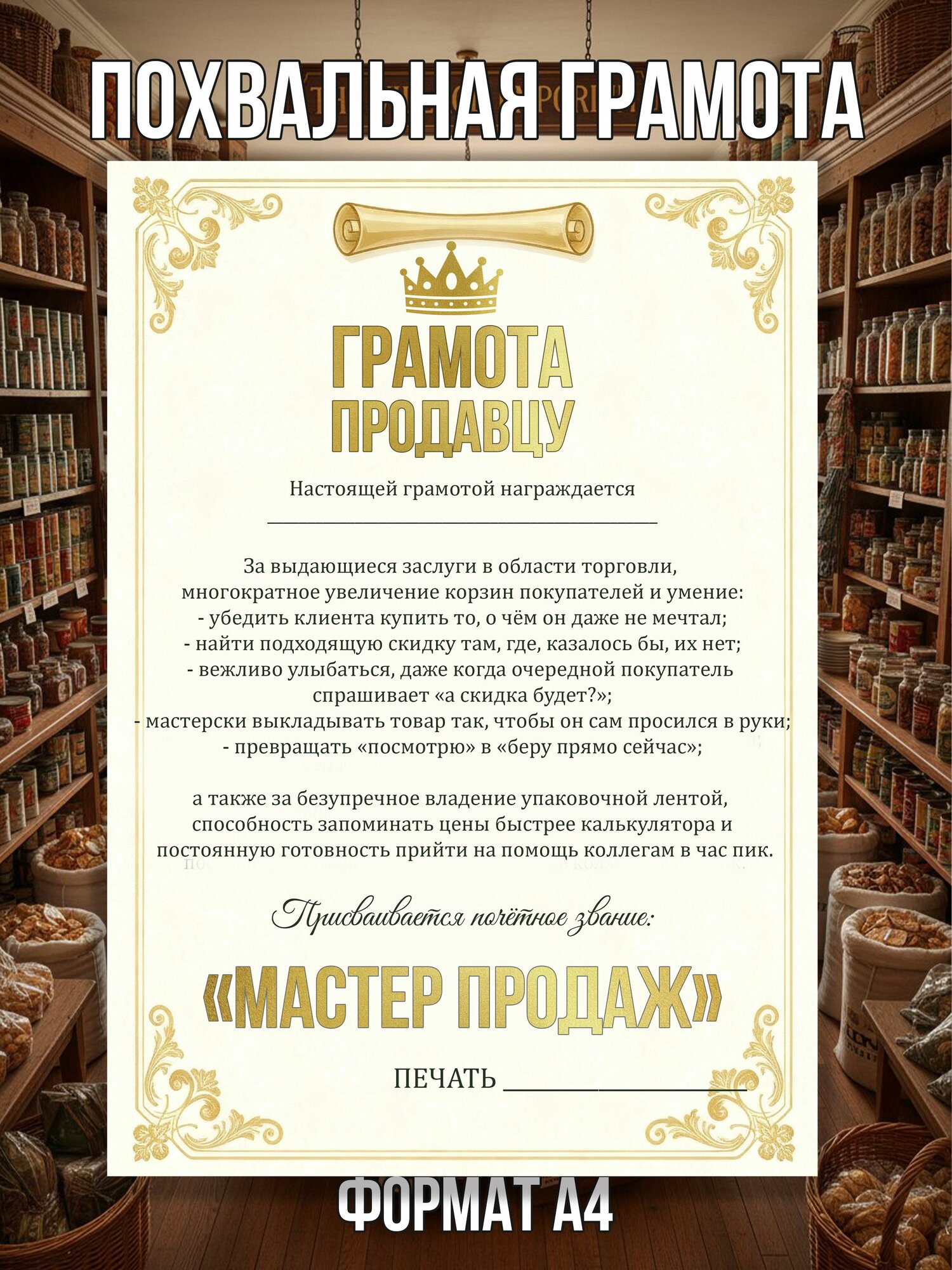 Похвальная грамота продавцу А4