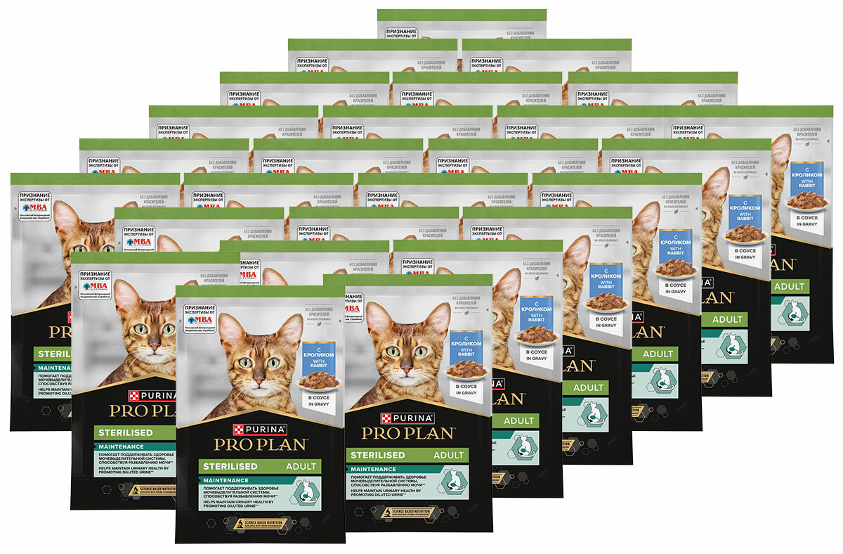 Корм влажный Pro Plan Sterilised Maintenance для взрослых стерилизованных кошек и кастрированных котов с кроликом пауч в соусе, 85 г х 26 шт
