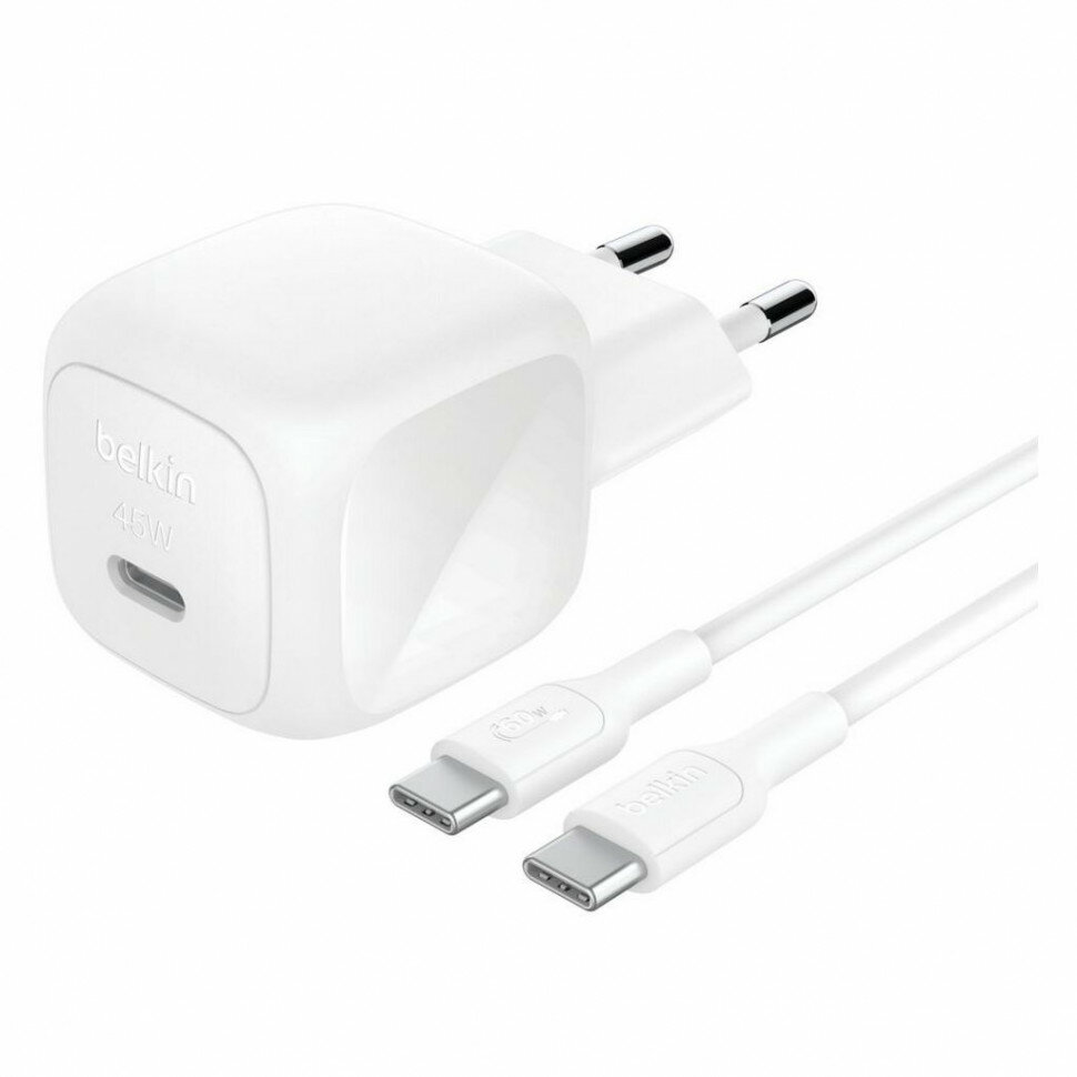 Сетевое зарядное устройство Belkin BoostCharge Compact USB-C Wall Charger 45 Вт с кабелем (WCA013kq1MWH-B6) White