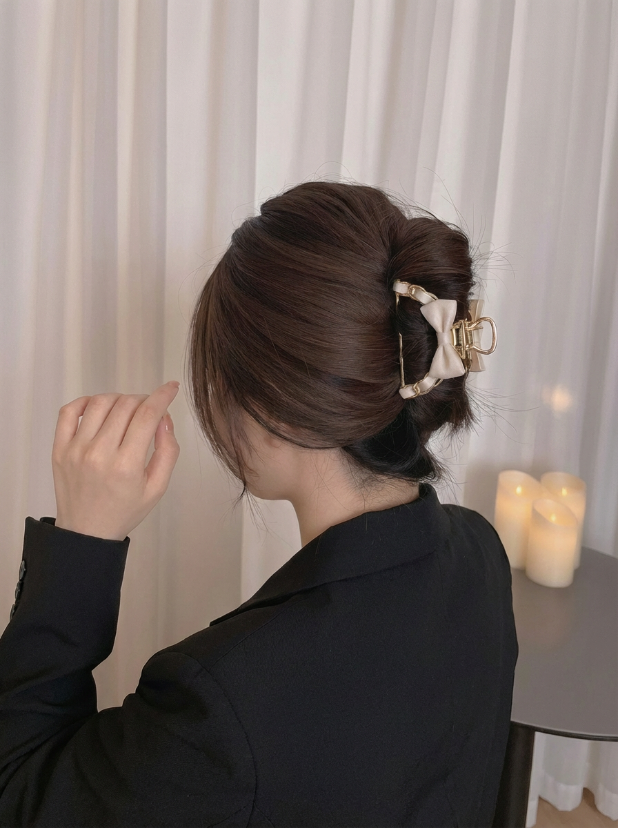 Заколка крабик для волос, метал золотой с бежевой лентой и бантиком