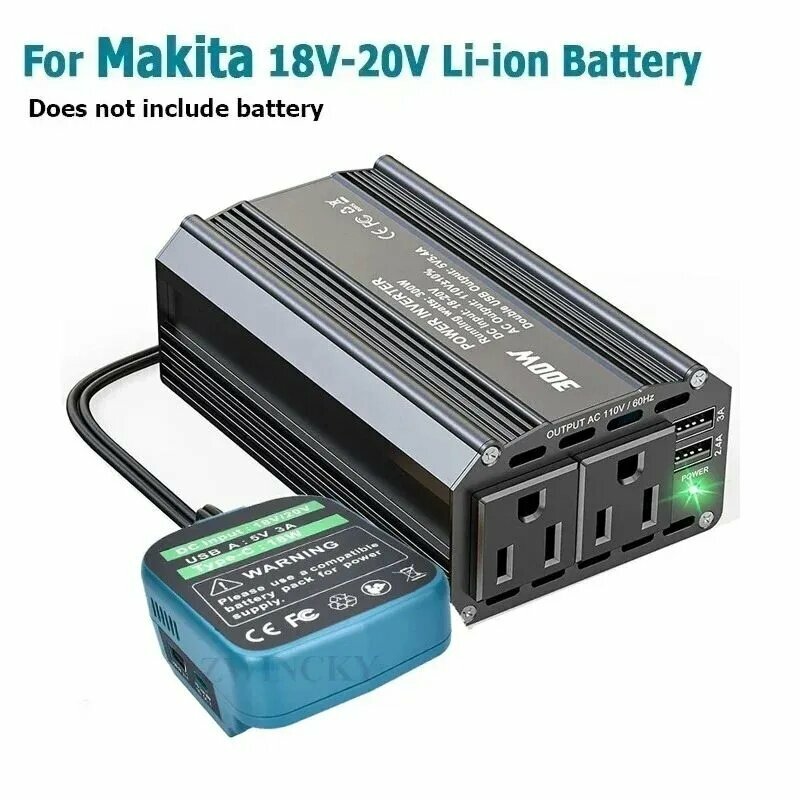 Инвертор питания совместим с литий - ионной батареей Makita18V с 2 розетками переменного тока, 3 портами USB - A и 1 портом USB - C