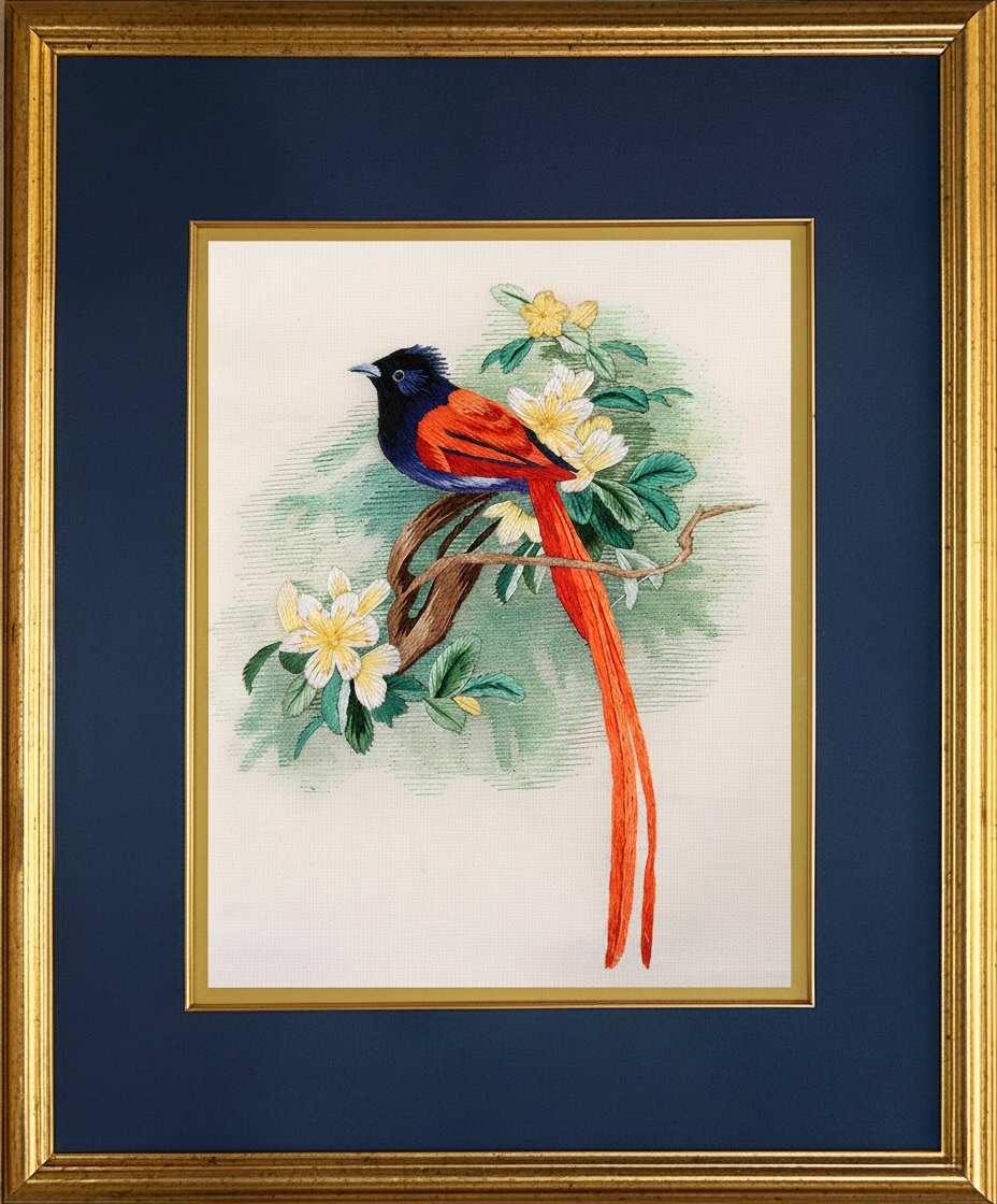 Картина Живой Шелк Весенний этюд, вышивка шелком ручная с 3Dэффектом/см 35х40х3/багет+паспарту