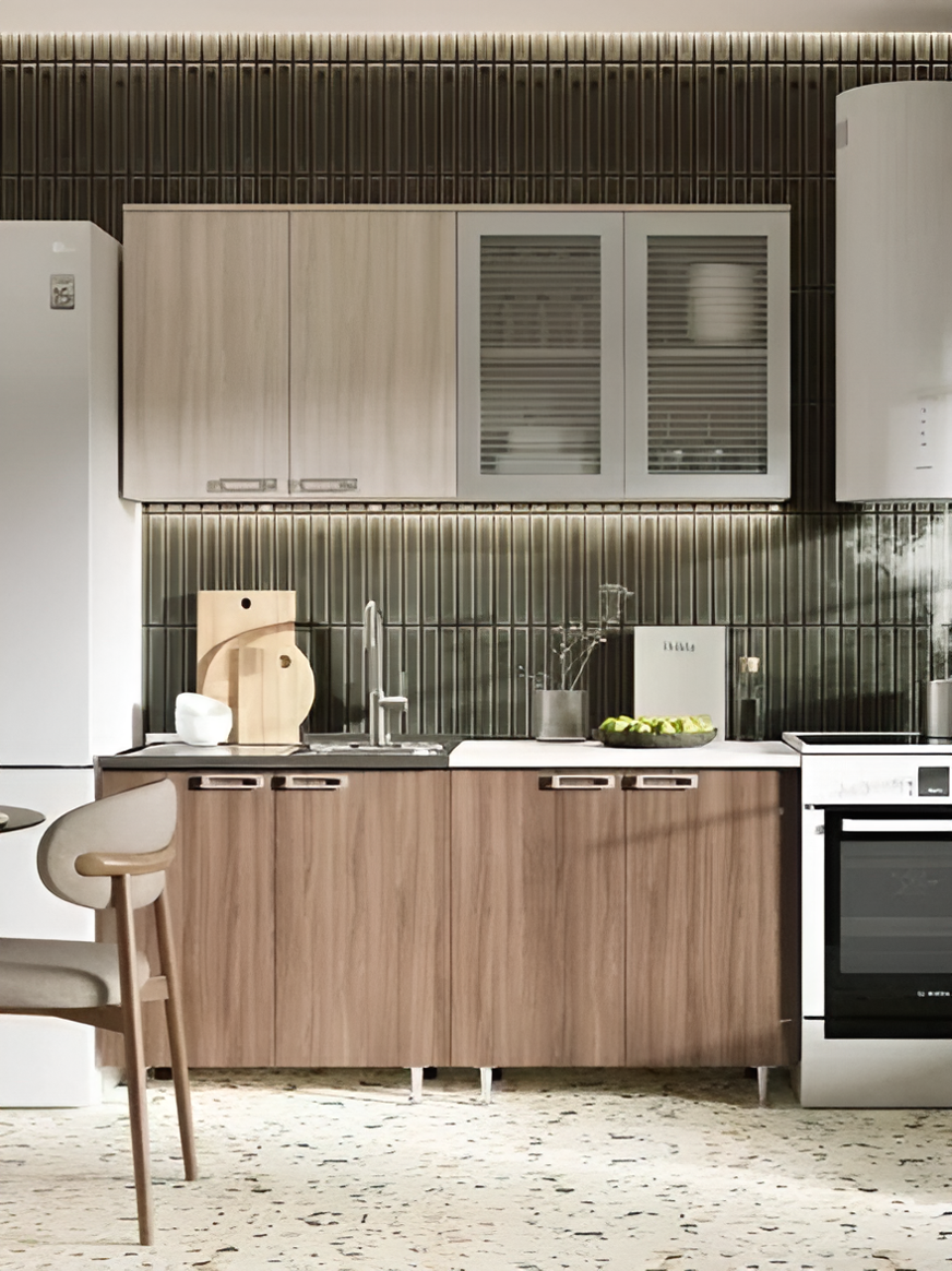 Кухонный гарнитур Катя 1,6м ясень шимо светлый/темный со столешницей миф